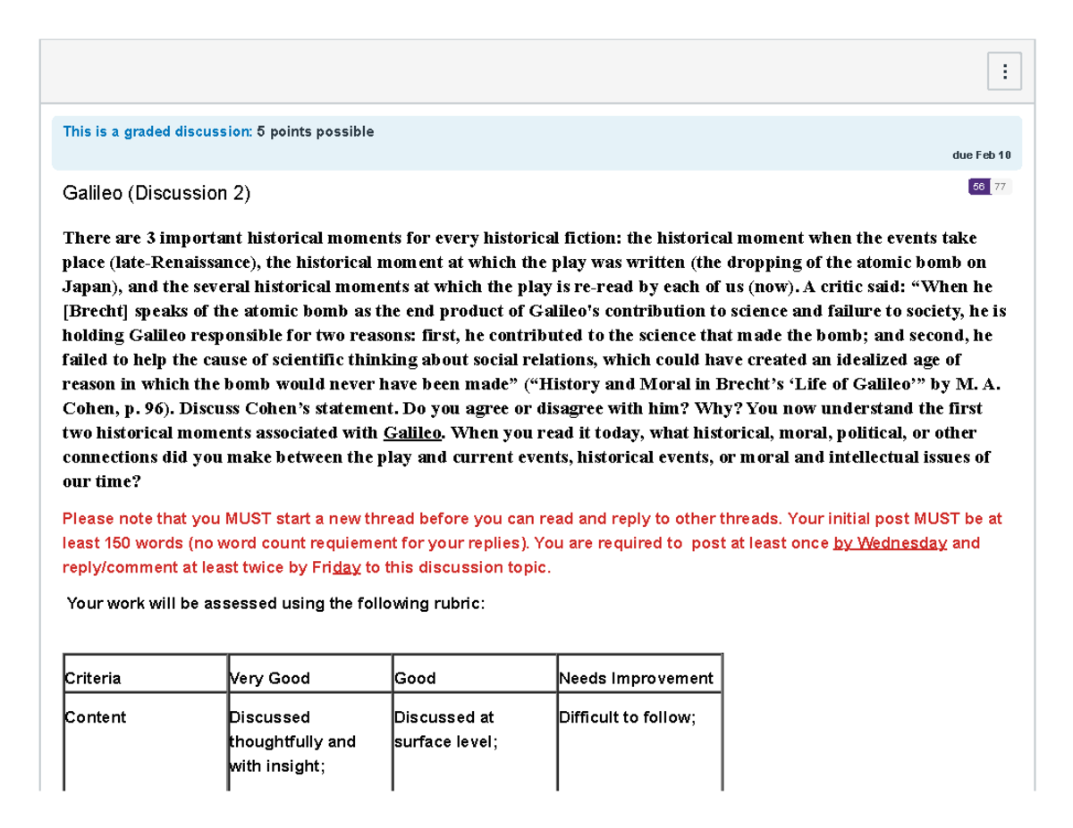 Topic Galileo (Discussion 2) - This is a graded discussion: 5 points ...