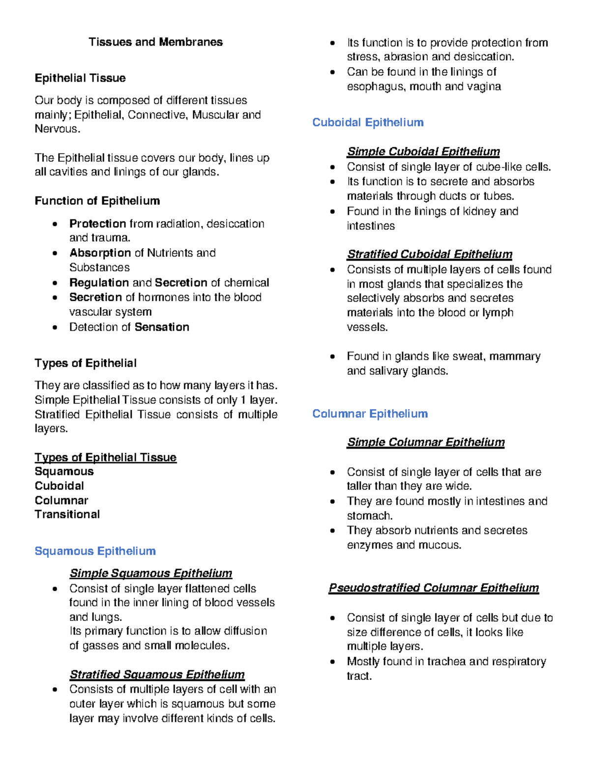 Lecture Notes about Tissues and Membranes - Tissues and Membranes ...