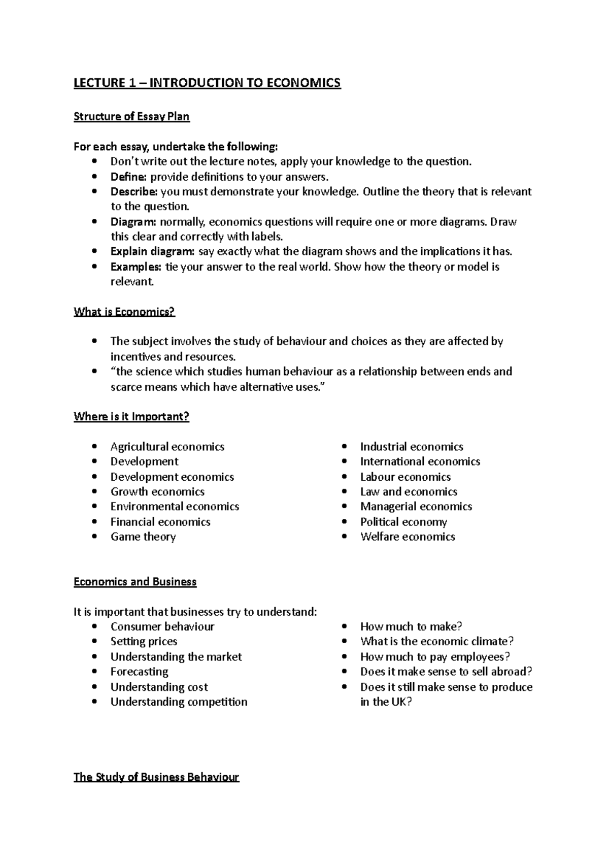 Lecture 1 - Intro TO Economics - LECTURE 1 – INTRODUCTION TO ECONOMICS ...