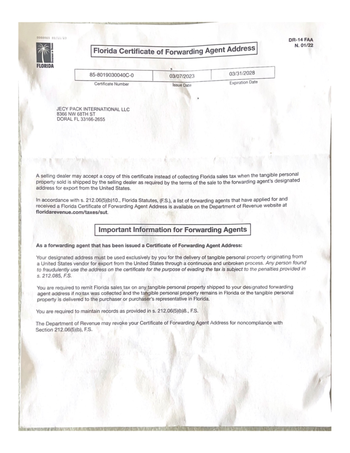 Florida Certificate of Forwarding Agent Address - FAA N. Florida ...