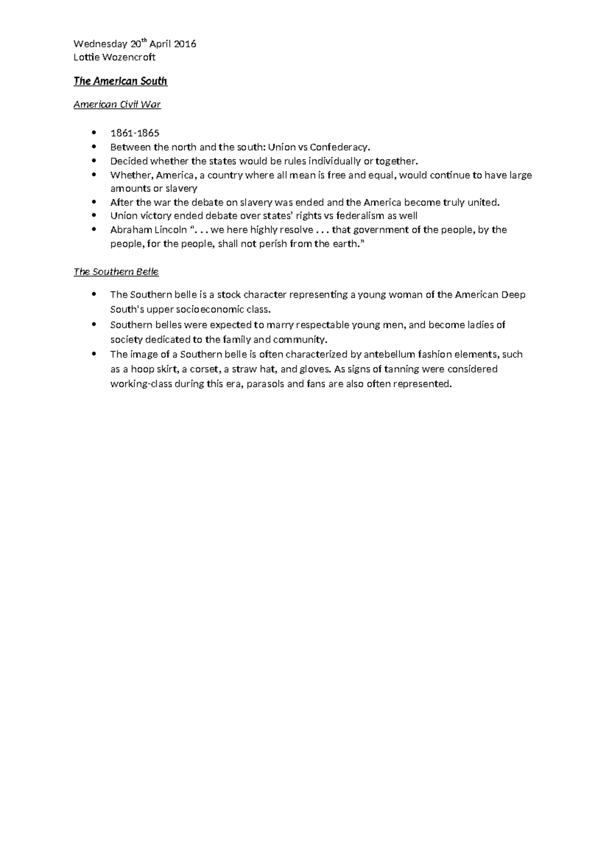 The American South - Wednesday 20th April 2016 Lottie Wozencroft The ...