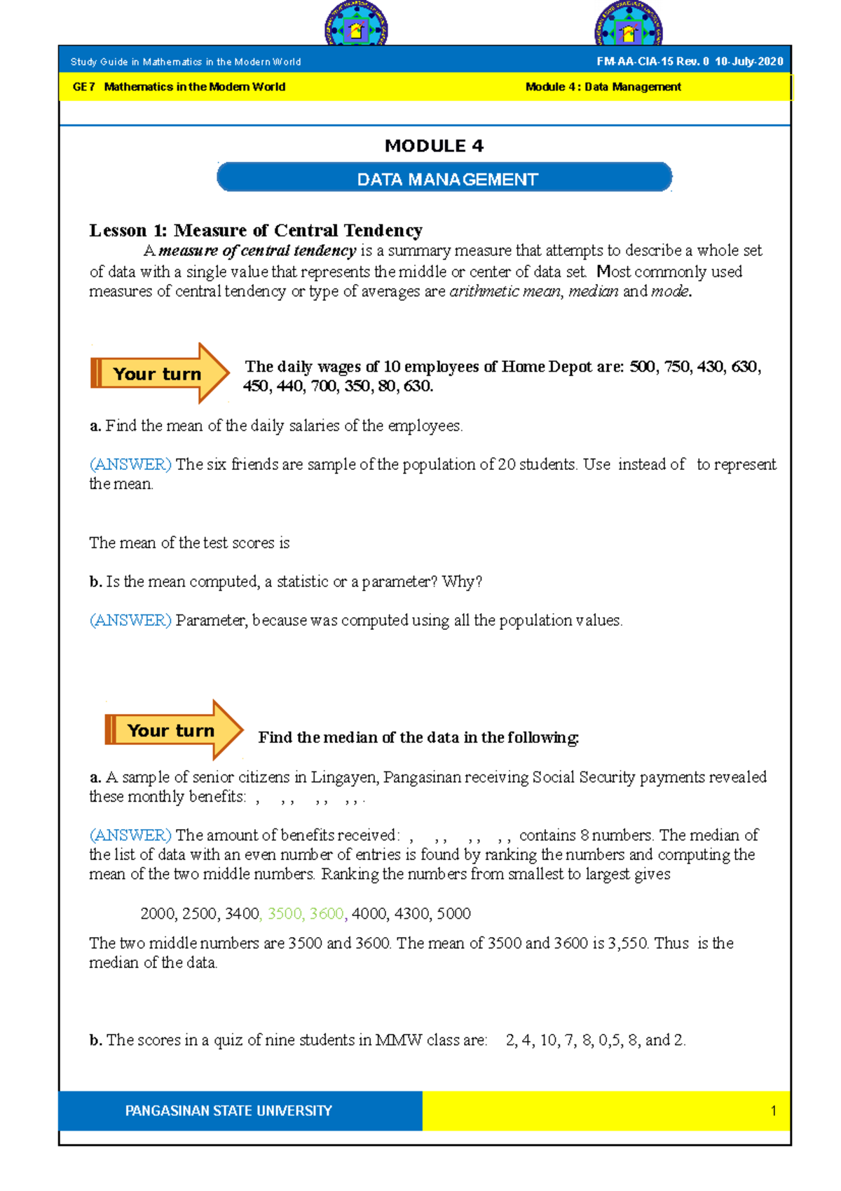 GE7 Module 4 Castillano Rodel Z - MODULE 4 Lesson 1: Measure of Central Tendency A measure of ...