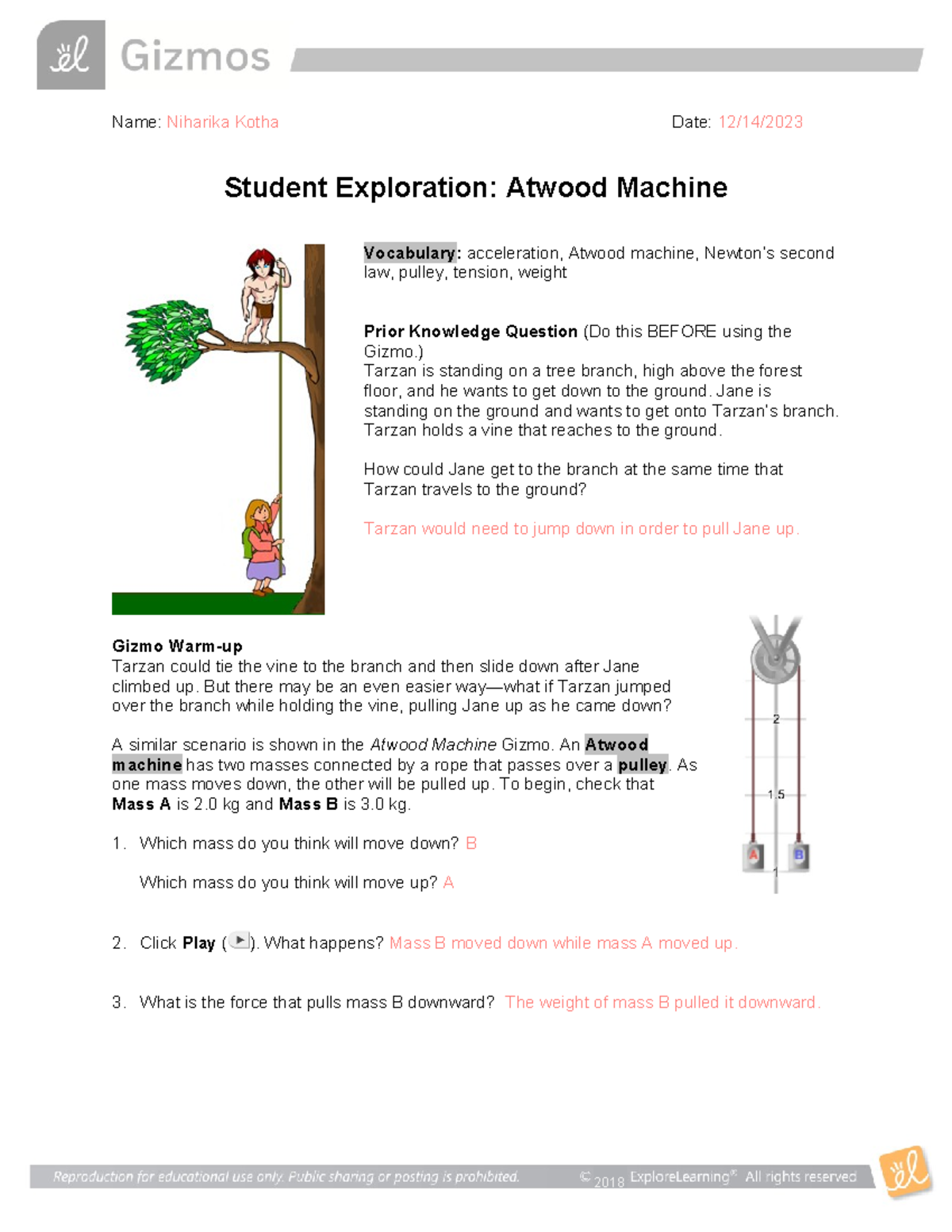 Atwood Machine Lab - gizmo - Name: Niharika Kotha Date: 12/14/ Student ...