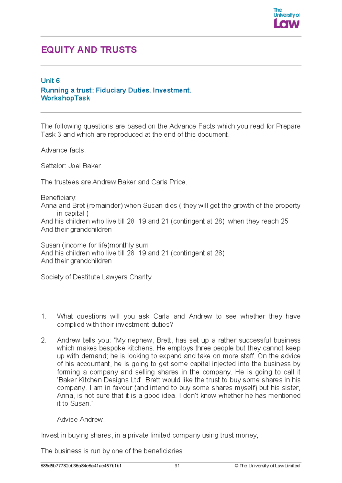 Equity and trust Seminar 6 a - EQUITY AND TRUSTS Unit 6 Running a trust: Fiduciary Duties. - Studocu