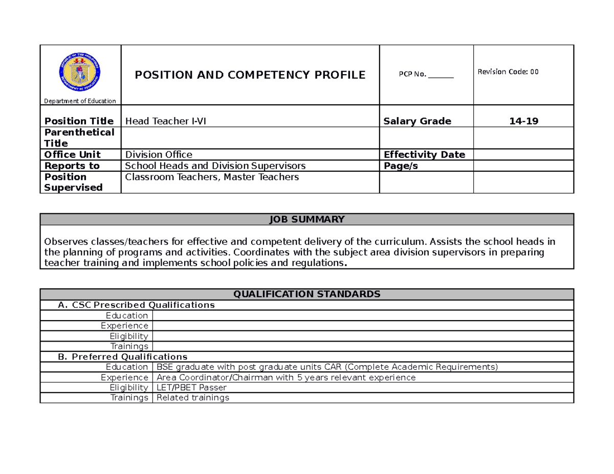 Head-teacher - n/a - Department of Education POSITION AND COMPETENCY ...