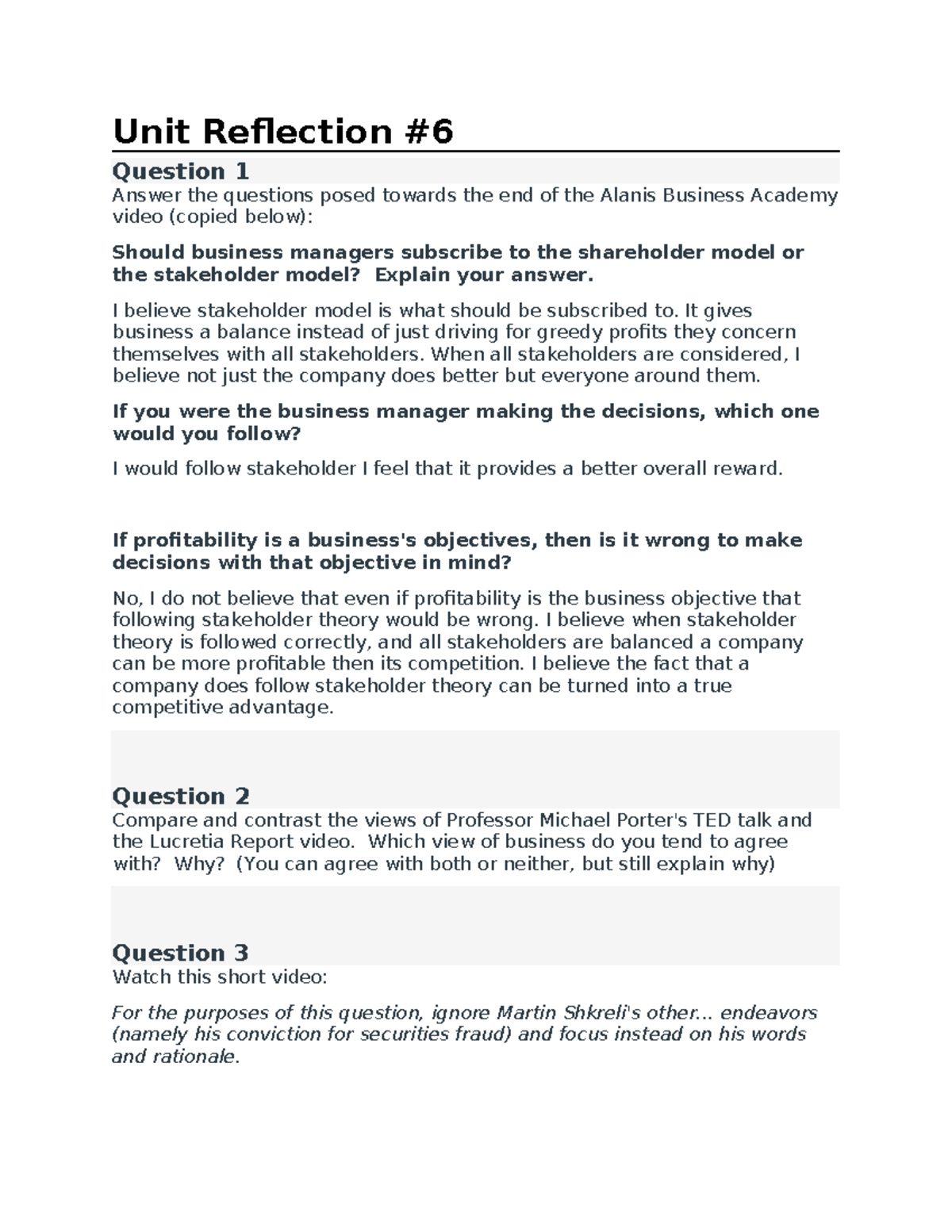 Unit Reflection #6 - Unit Reflection Question 1 Answer the questions posed towards the end of ...