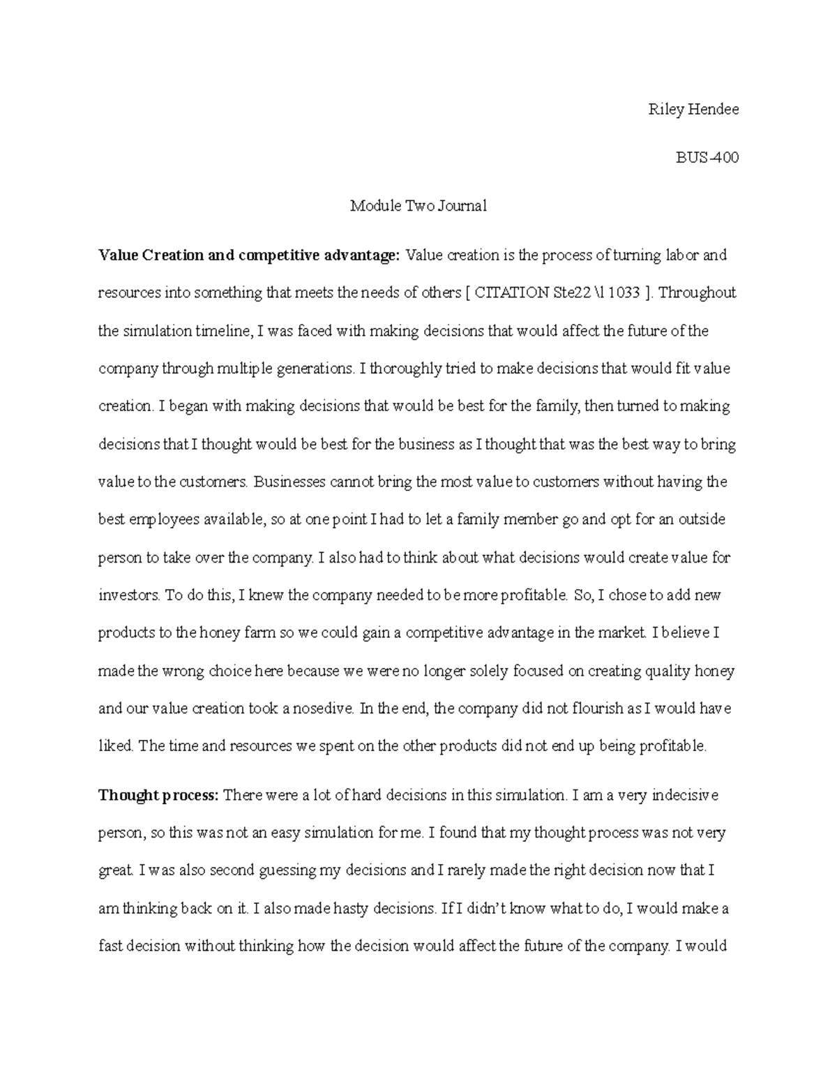 Module Two Journal - Riley Hendee BUS- Module Two Journal Value ...
