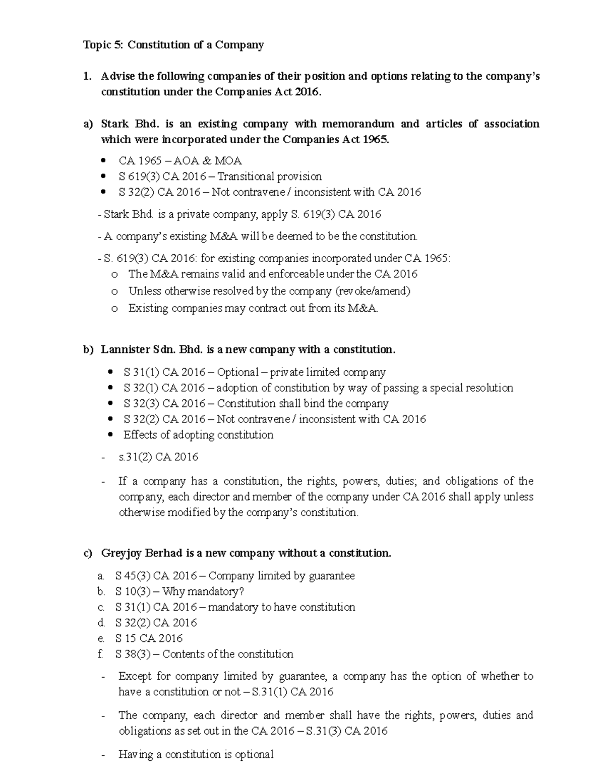 Tutorial 8 - Topic 5: Constitution of a Company Advise the following ...