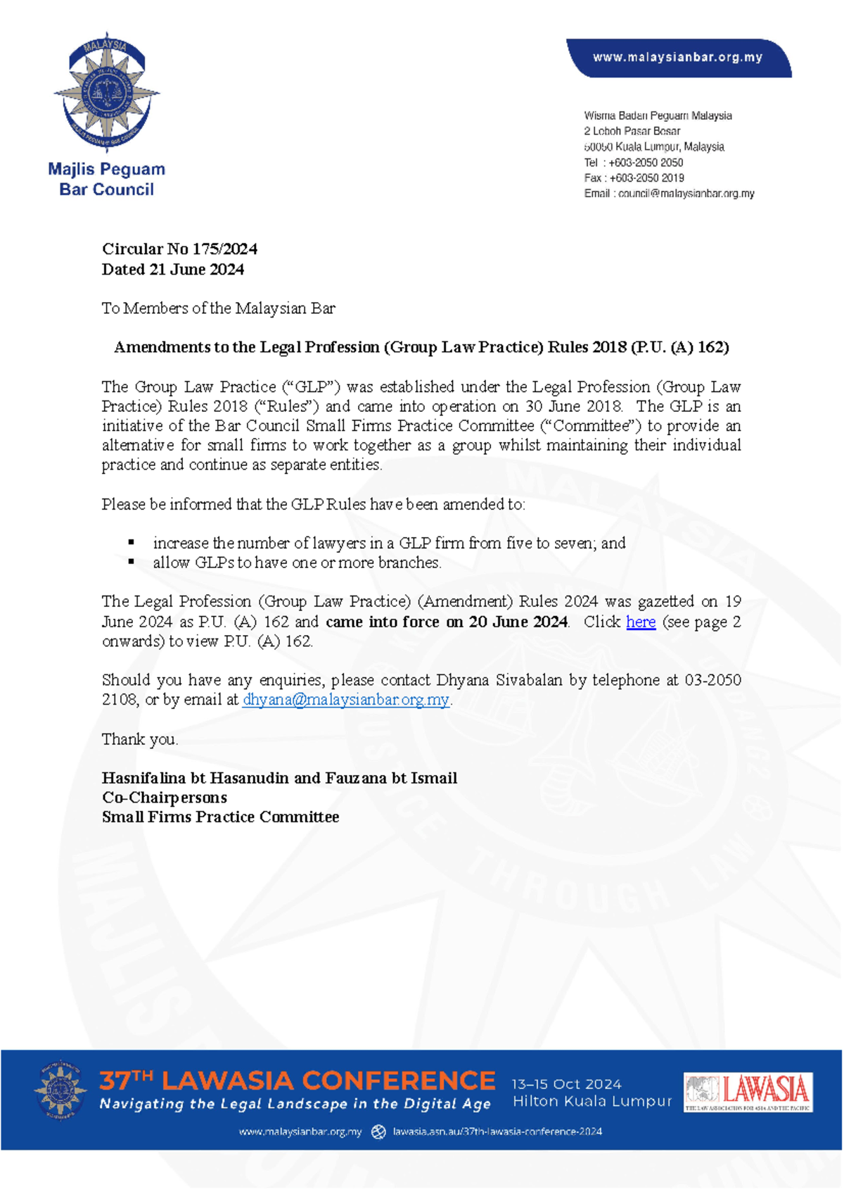 Circular No 175-2024 - Circular No 175/ Dated 21 June 2024 To Members of the Malaysian Bar - Studocu