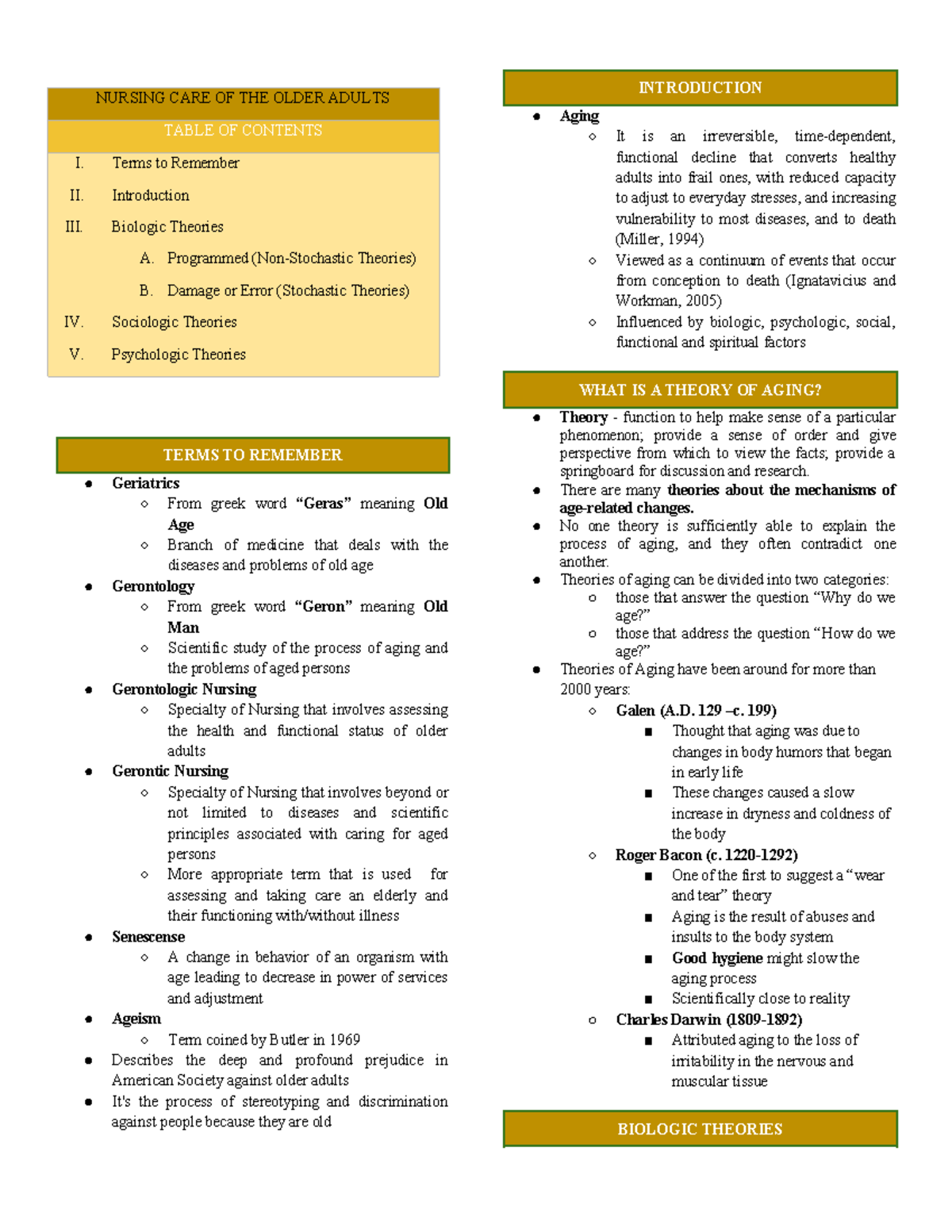CCIE LECTURE NOTES 2 - NURSING CARE OF THE OLDER ADULTS TABLE OF ...