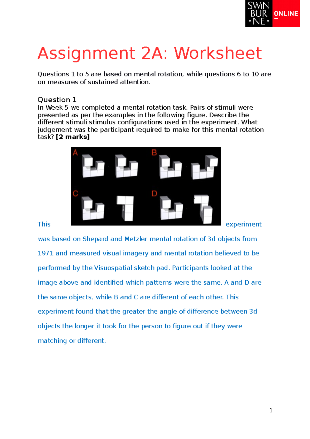 PSY2000 6 Assignment 2A Worksheet - Assignment 2A: Worksheet Questions ...