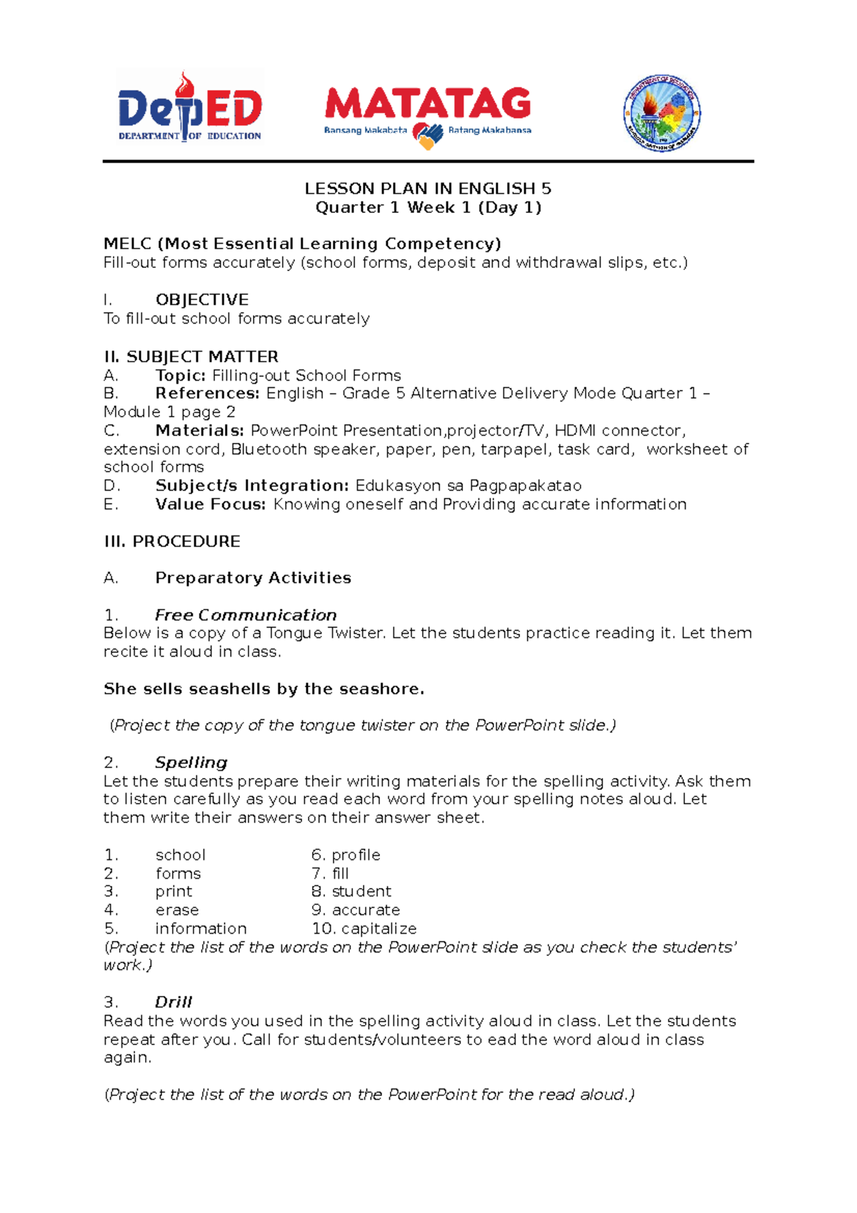 1. Lesson plan English 5 Q1-filling out forms v2 - LESSON PLAN IN ...