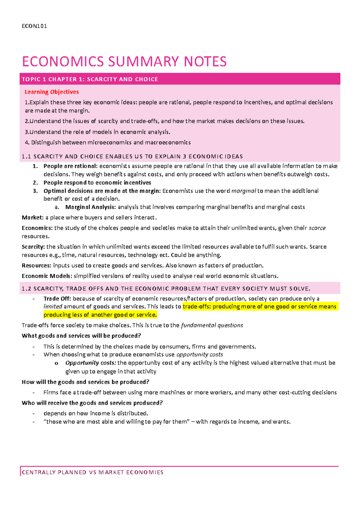 Economics Summary Notes[ 156] - ECONOMICS SUMMARY NOTES TOPIC 1 CHAPTER ...