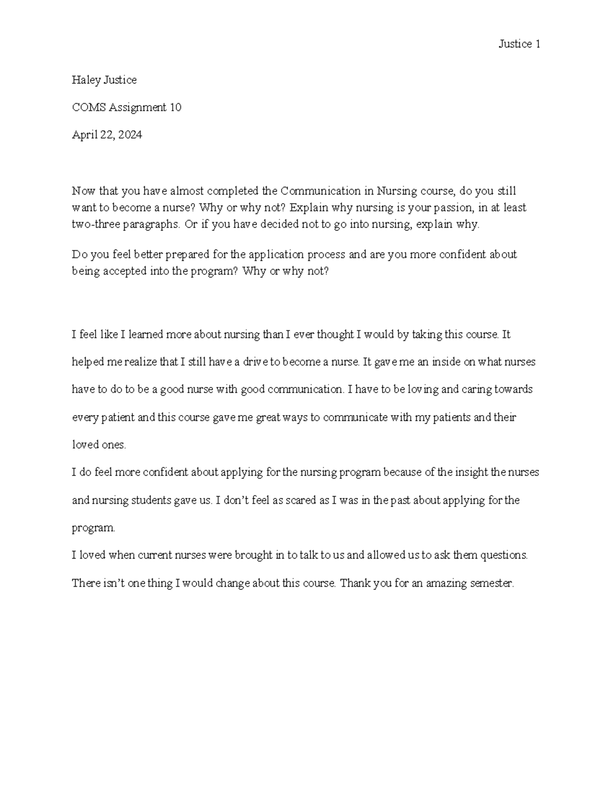 COMS Assignment 10 - Justice 1 Haley Justice COMS Assignment 10 April ...