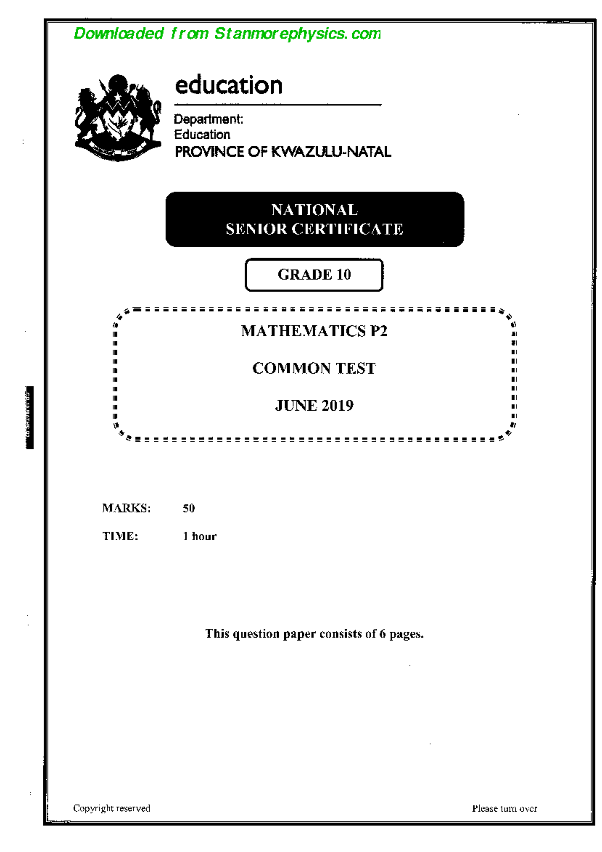 Maths P2 and Memo June 2019 gr 10 - Downloaded from Stanmorephysics Downloaded from ...