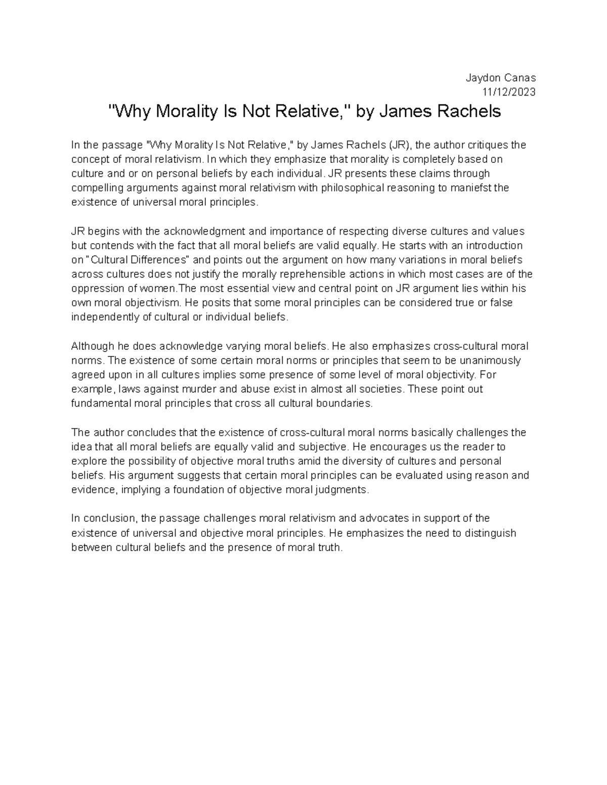 Untitled document - "Why Morality Is Not Relative summary - Jaydon ...
