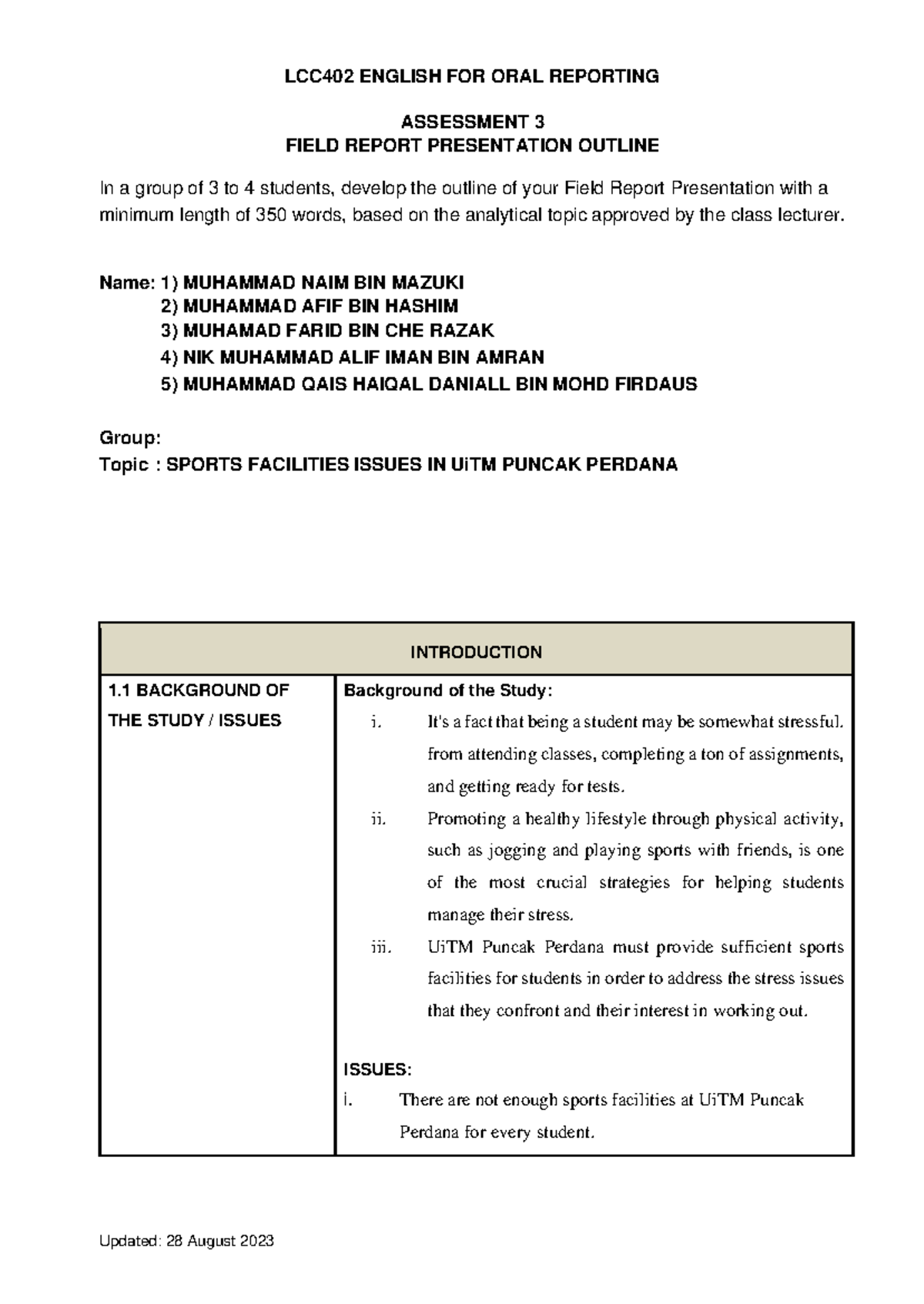 Outline sports facilities - LCC402 ENGLISH FOR ORAL REPORTING ...
