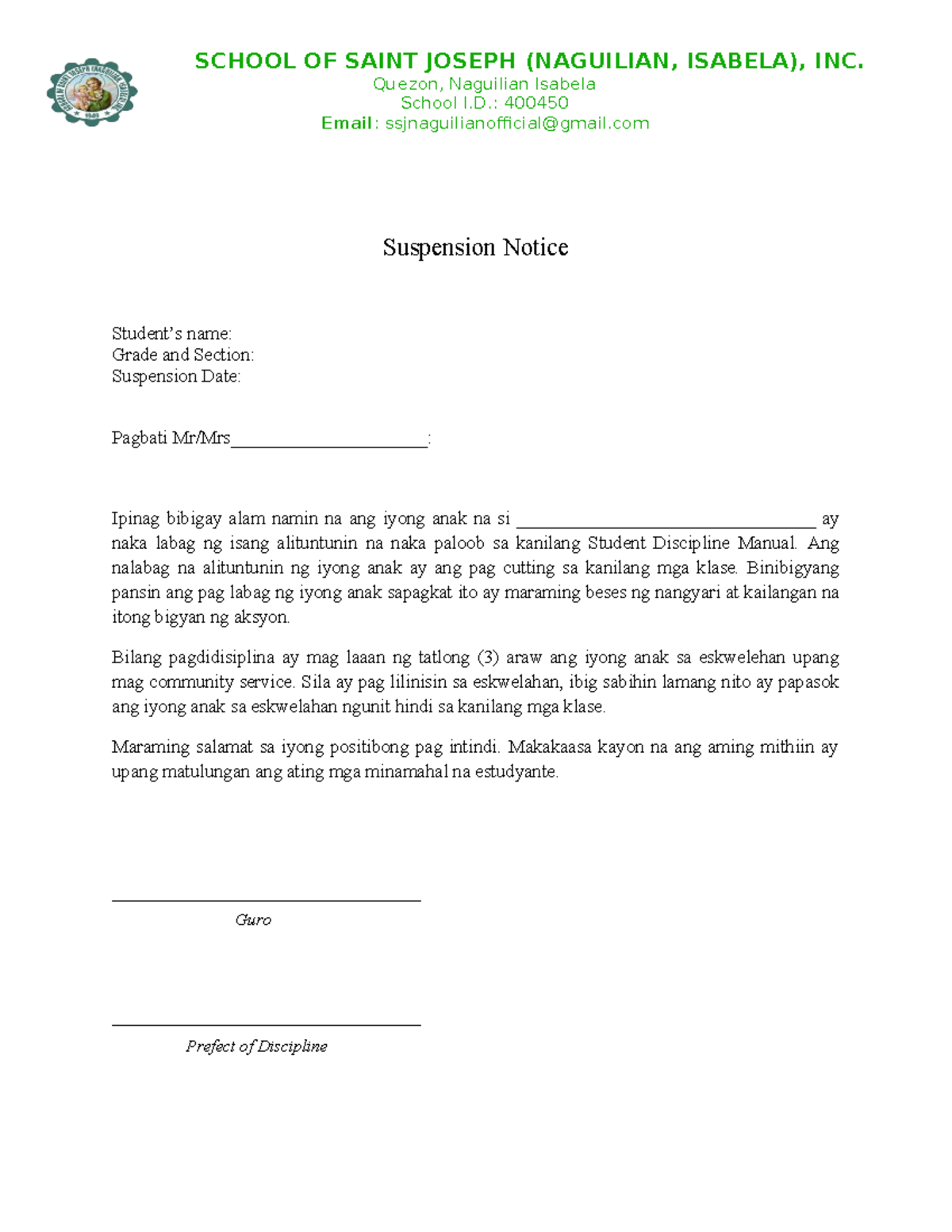 Suspension-Notice - Suspension Notice Sample - Filipino - SCHOOL OF ...