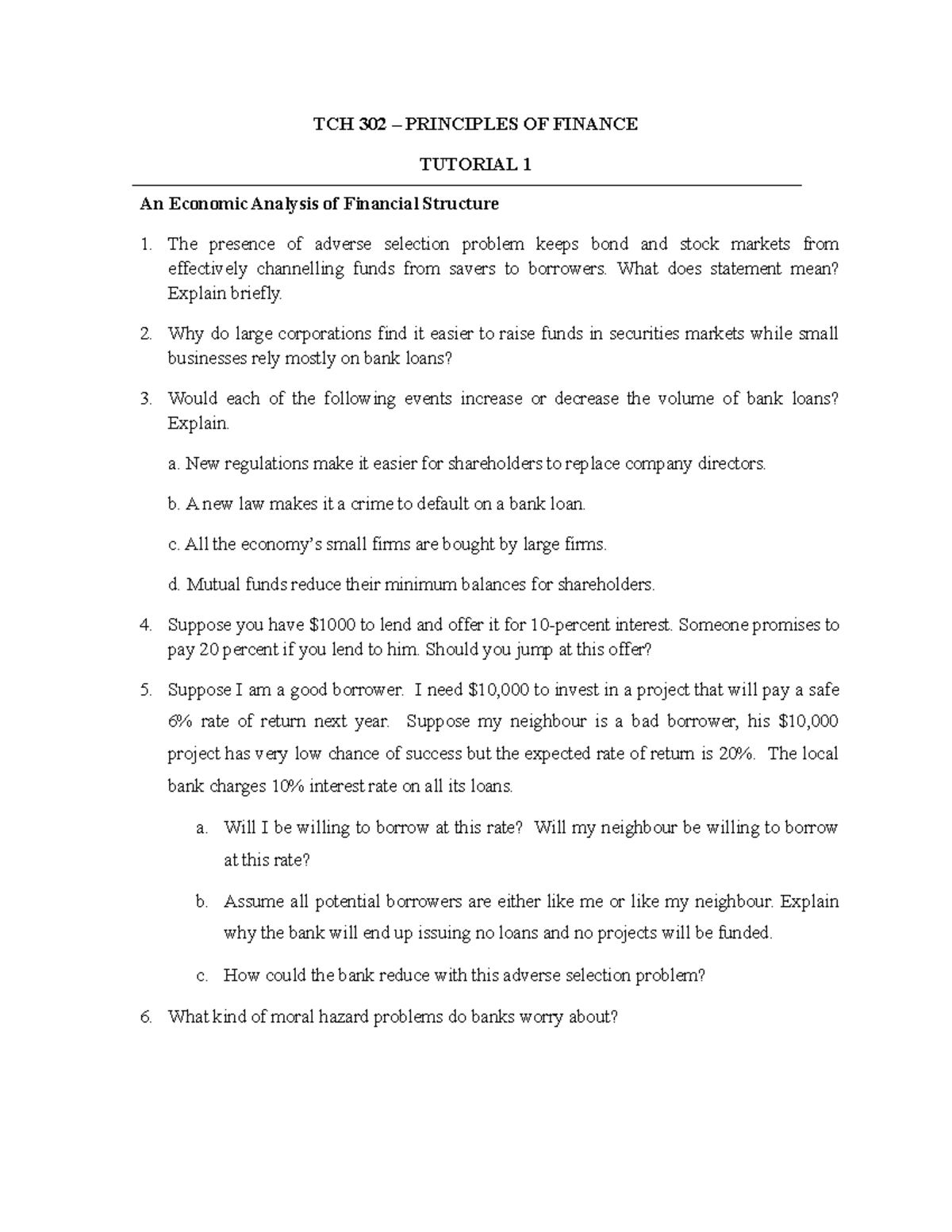Tutorial 1 - Money Banking - TCH 302 – PRINCIPLES OF FINANCE TUTORIAL 1 ...