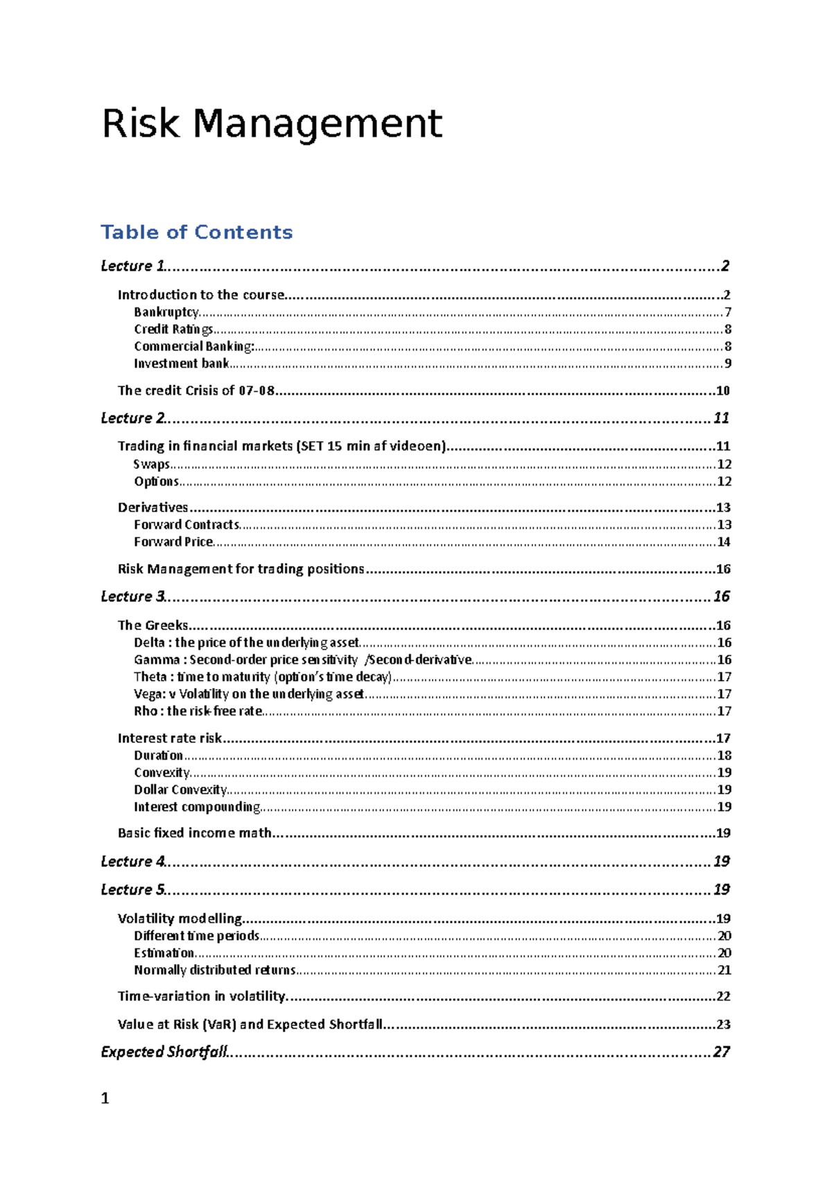 Risk Management - Noter til pensum - Risk Management Lecture - Studocu