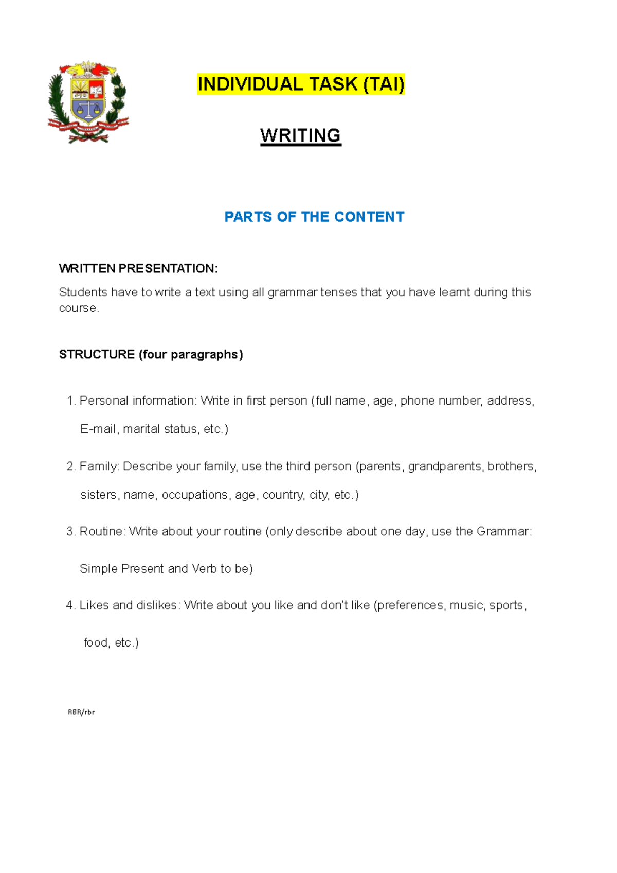 2023 Individual TASK-EO - Primer AÑO - INDIVIDUAL TASK (TAI) WRITING ...