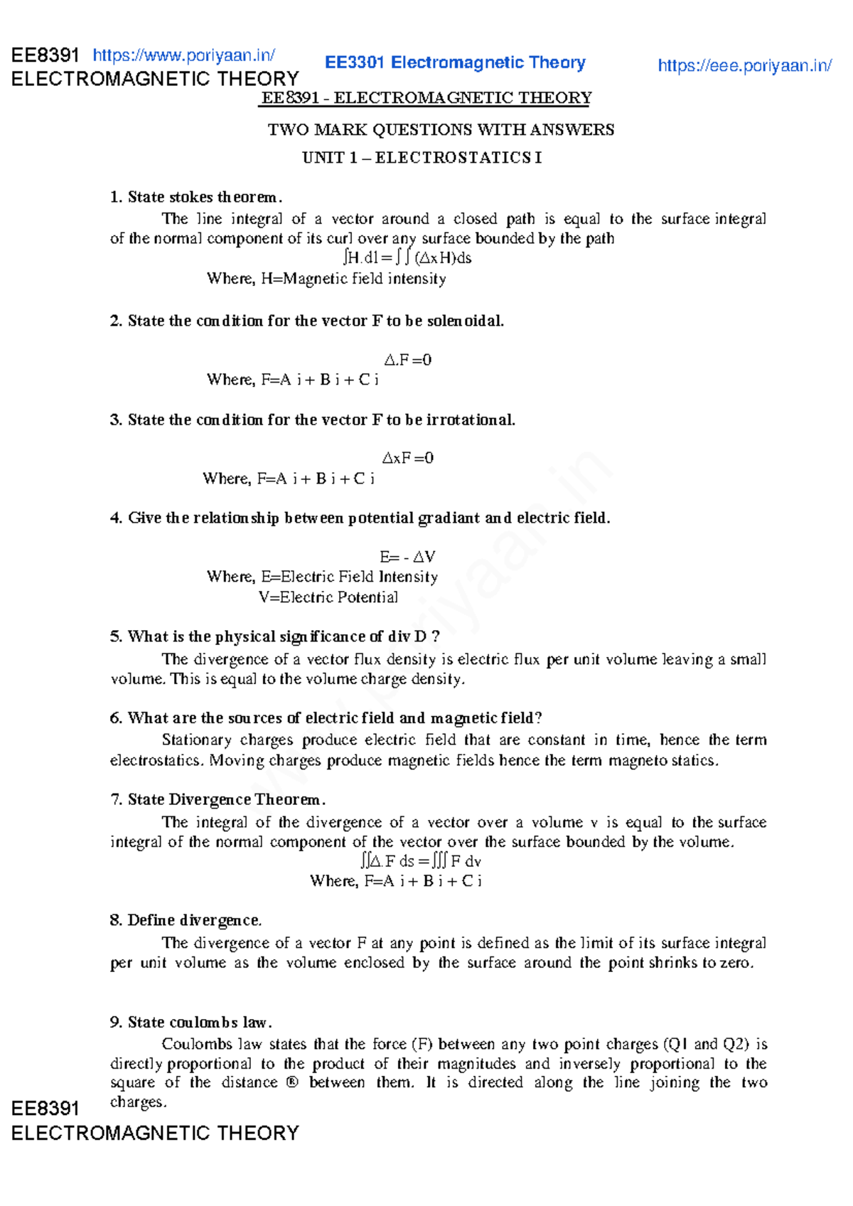 EE3301 Electromagnetic Theory (2 marks) - EE 8 391 - ELECTROMAGNETIC THEORY TWO MARK QUESTIONS ...