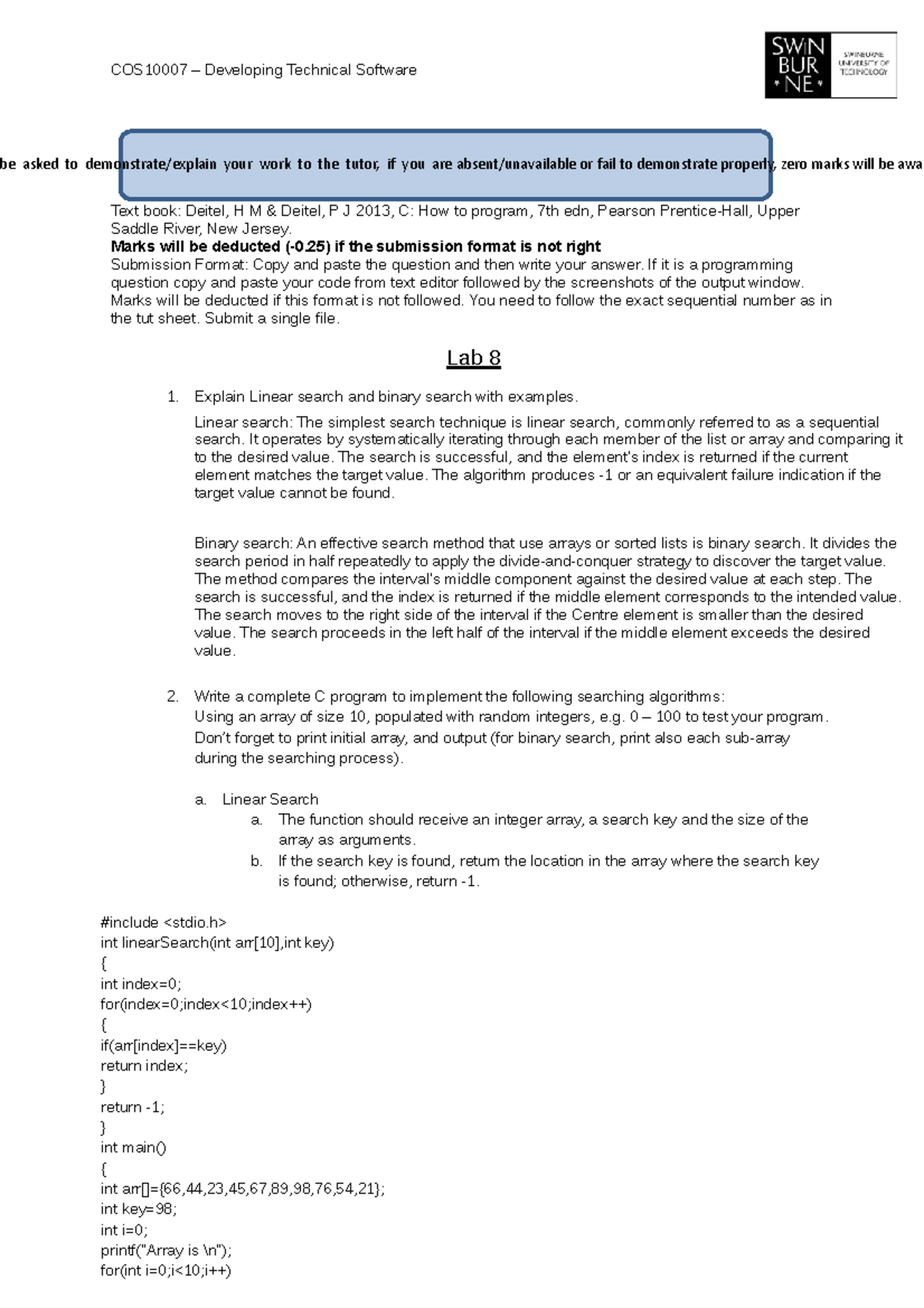 COS10007 Lab Week 8 - lab 8 - asked to demonstrate/explain your work to the tutor , if you are ...