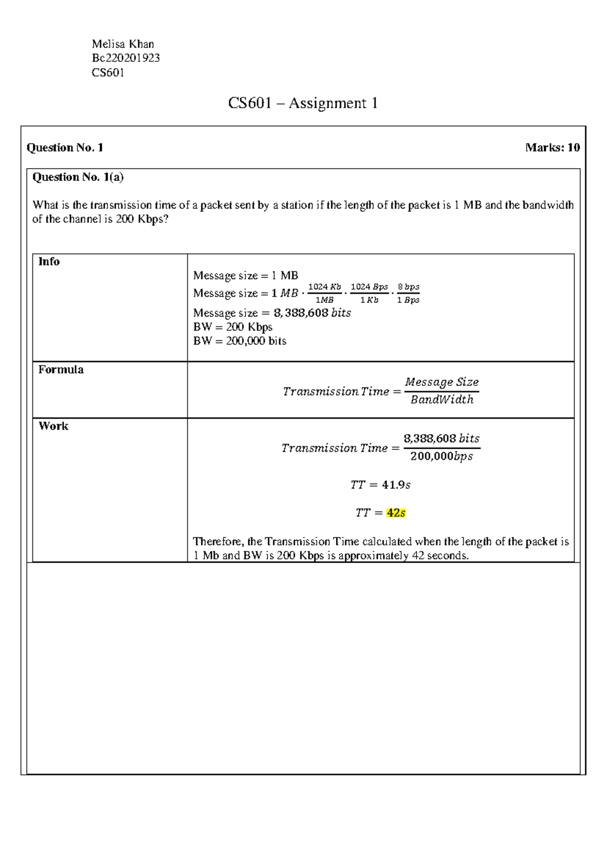 CS601 Assignment 1 - Melisa Khan Bc2 20201923 CS CS601 – Assignment 1 Question No. 1 Marks: 10 ...