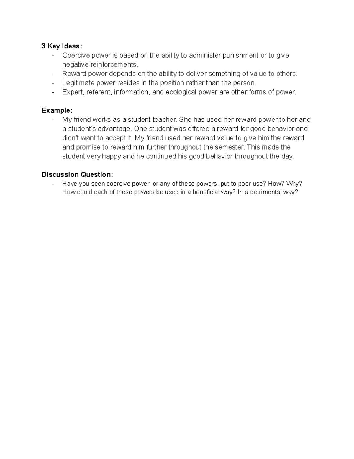 Course Engagement 13-3 - 3 Key Ideas: - Coercive power is based on the ...