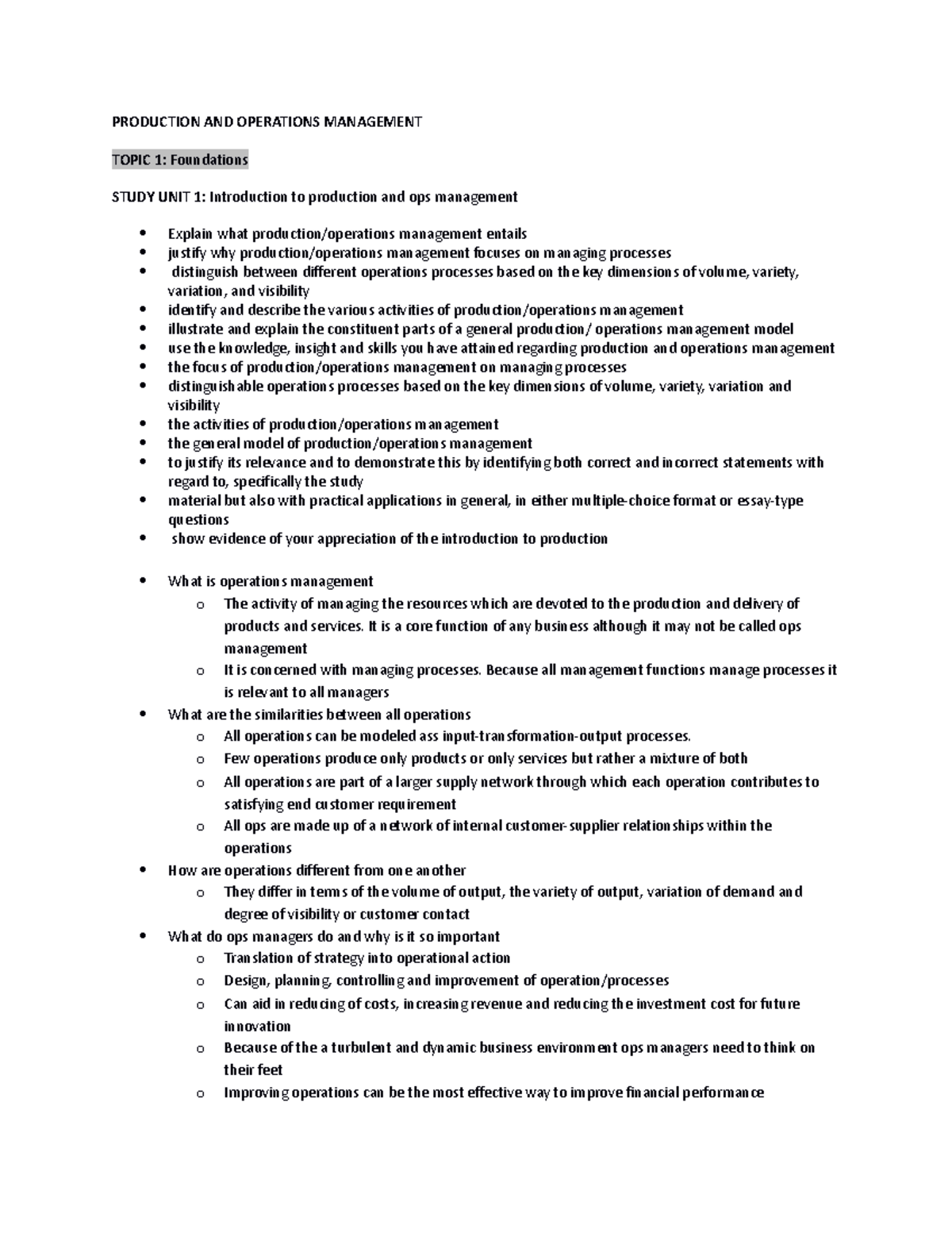 MNO2601 Productions and ops management notes - PRODUCTION AND ...