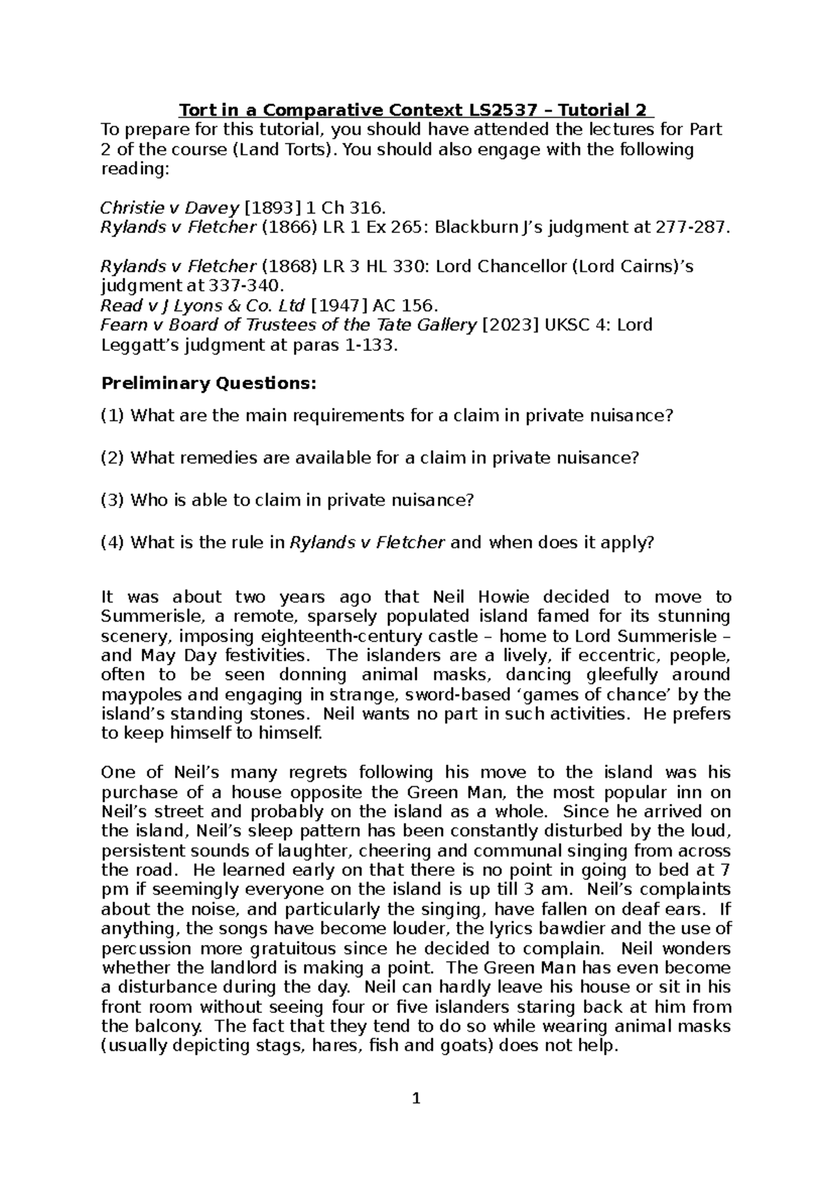 Tort in a Comparative Context LS2537 Tutorial 2 - nuisance etc(1) - Tort in a Comparative ...