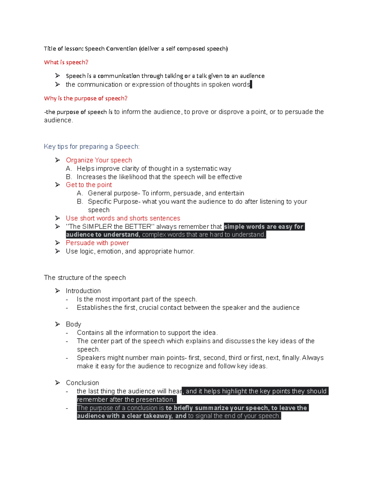 Speech Convention (deliver a self composed speech) GRADE 8 - Title of ...