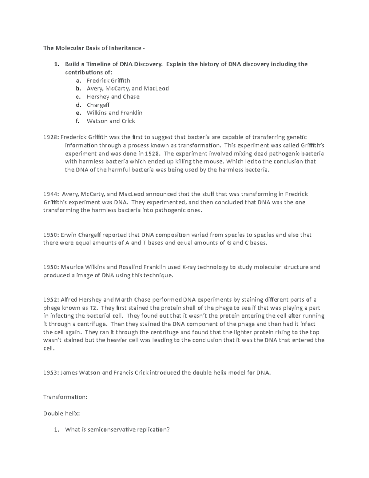 CH 9 HW Gen Bio - ch9 hw - The Molecular Basis of Inheritance - Build a Timeline of DNA ...