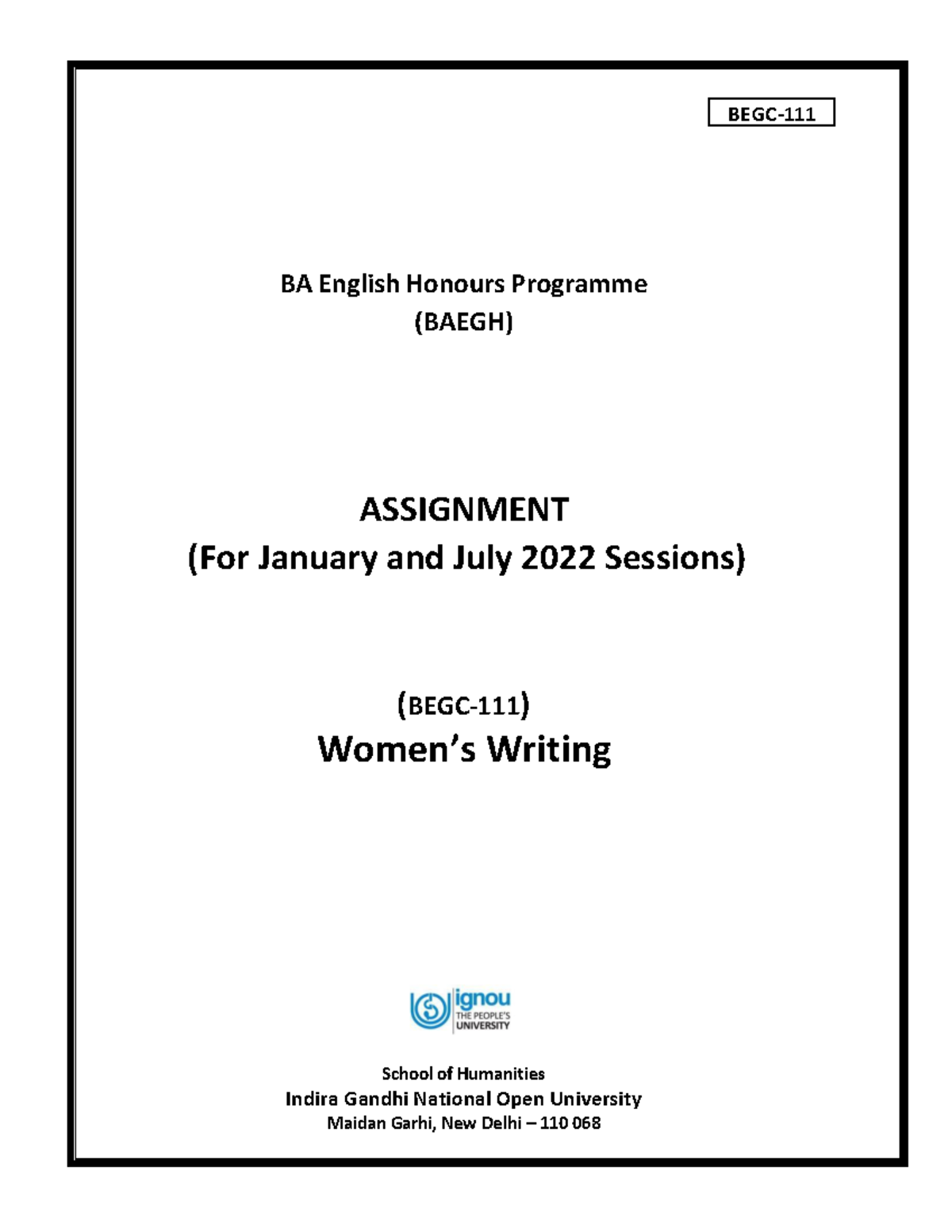 Jan July 2022 TMA BEGC 111 Women's Writing - BA English Honours ...