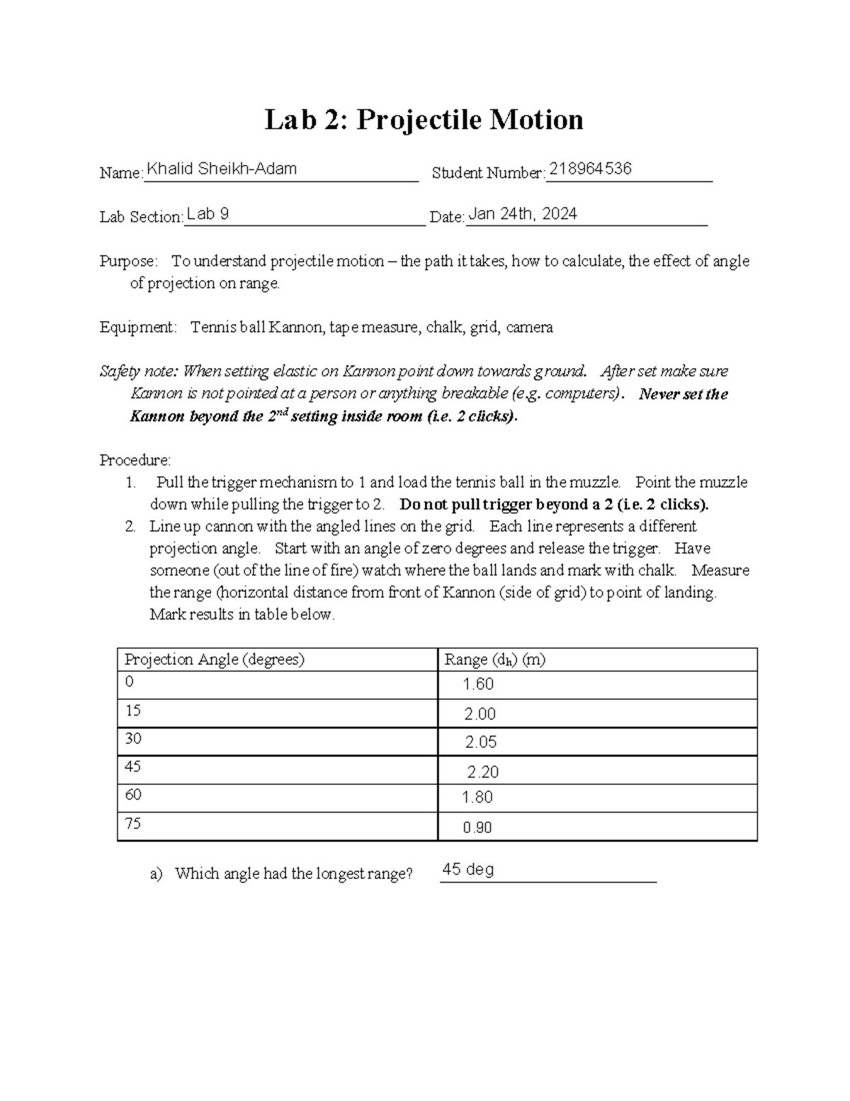 Lab 2 Projectile Motion - Lab 2: Projectile Motion Name