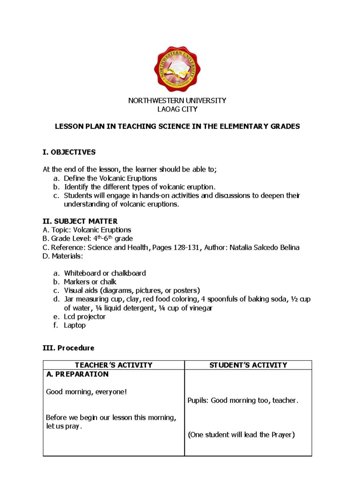 Lesson Plan about Volcanic Eruptions - NORTHWESTERN UNIVERSITY LAOAG ...