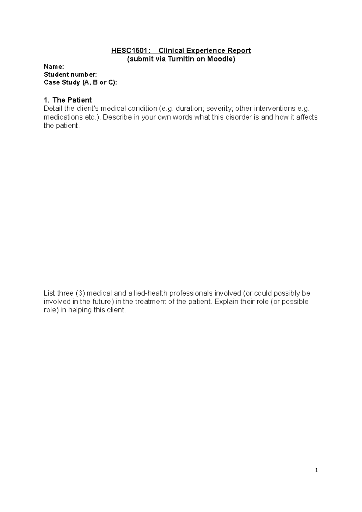 Clinical Experience Report template for submission - HESC1501: Clinical ...