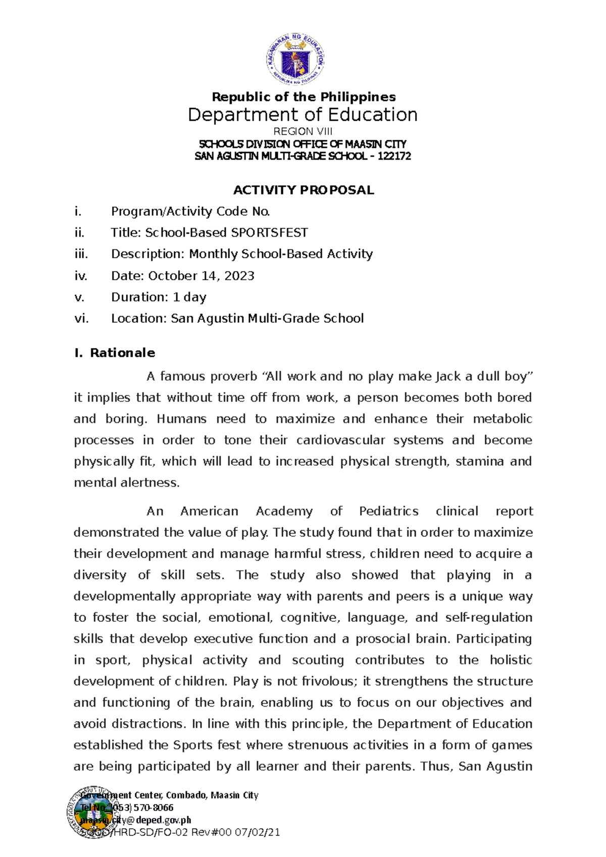 Activity Proposal Sportsfest Sanag - Department of Education REGION ...