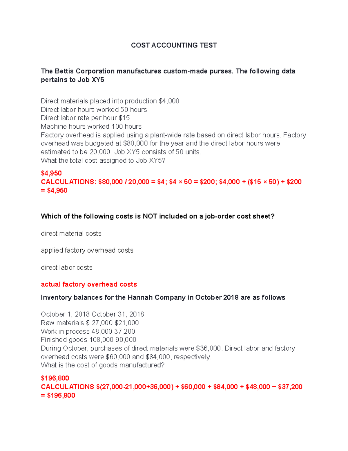 Cost Accounting Test - COST ACCOUNTING TEST The Bettis Corporation ...