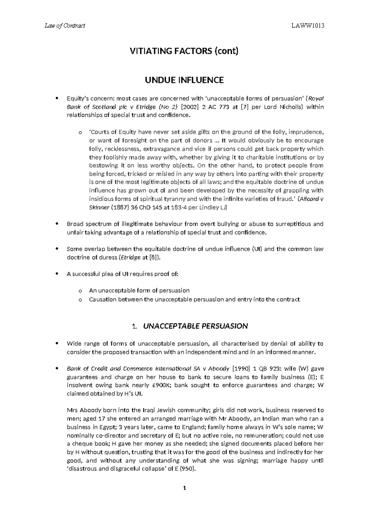 07 Vitiating Factors (2) 2021-22 (1) - VITIATING FACTORS (cont) UNDUE ...