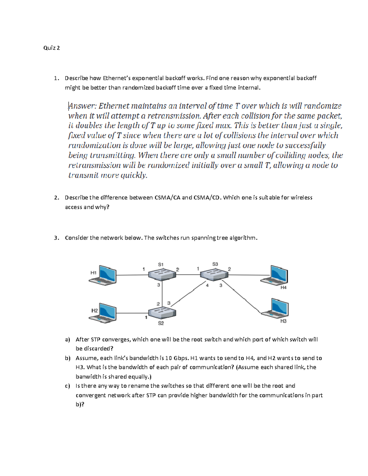Quiz 2 sol - Quiz 2 solutions - Quiz 2 Describe how Ethernet’s ...
