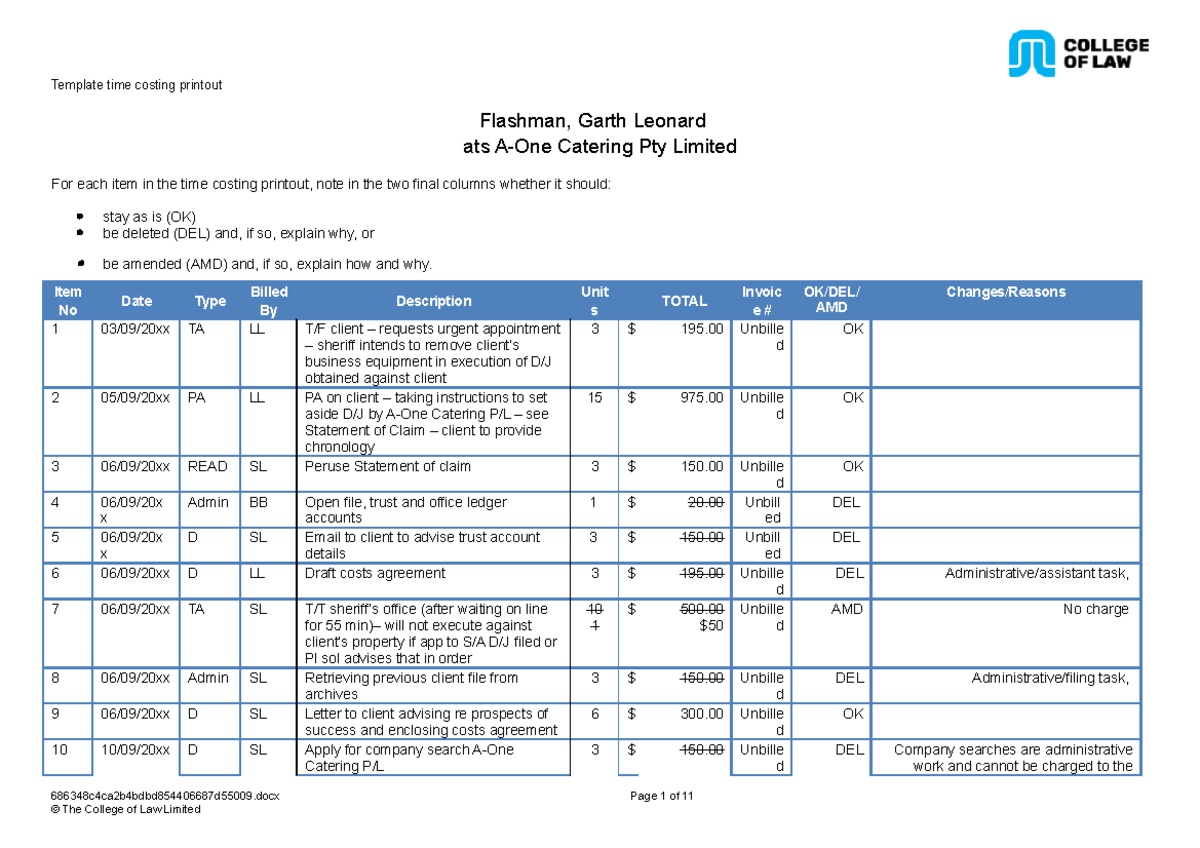 Activity 3 Ethics - Template time costing printout Flashman, Garth ...