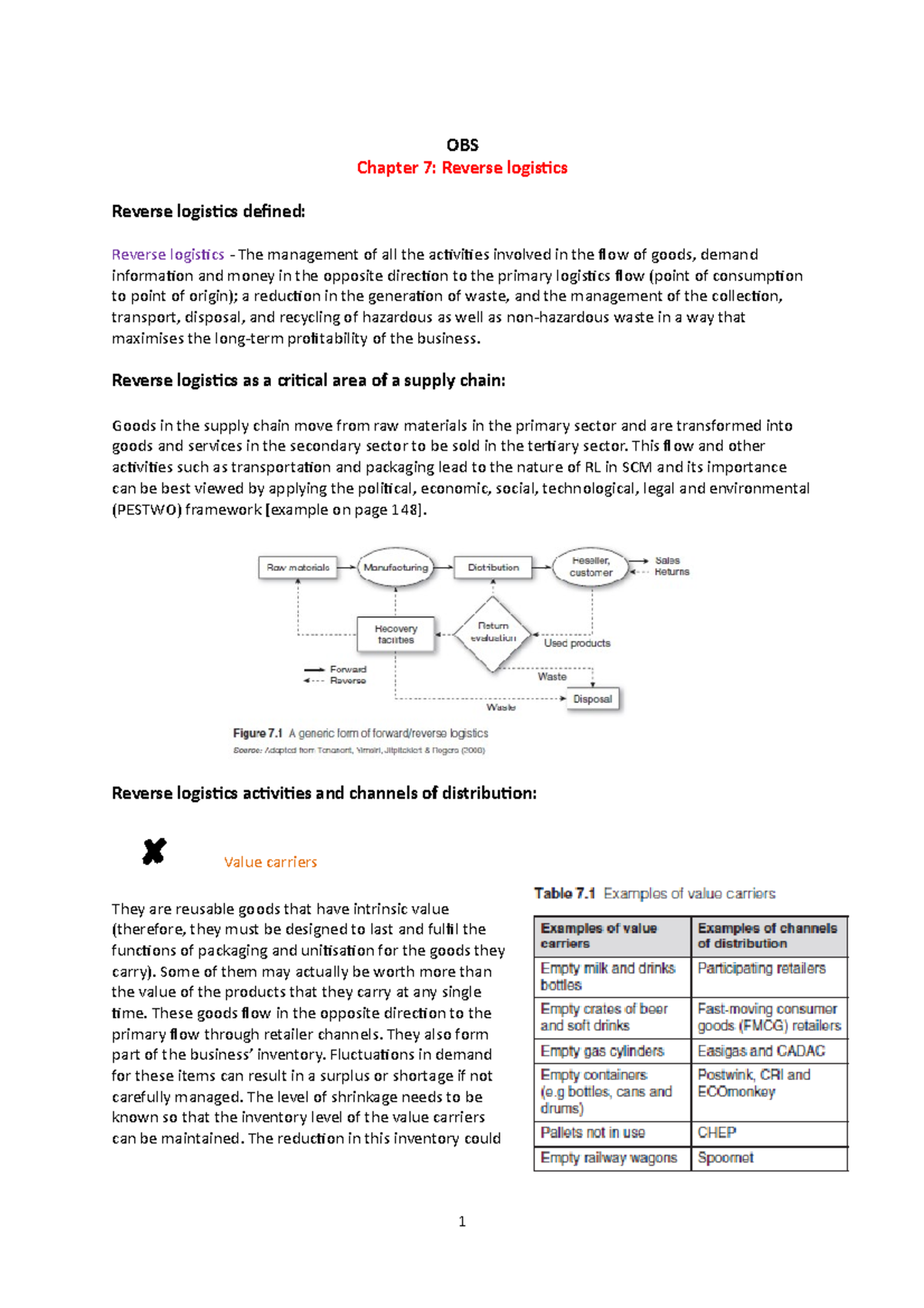 Chapter 7 - Summary Business management - OBS Chapter 7: Reverse logistics Reverse logistics ...