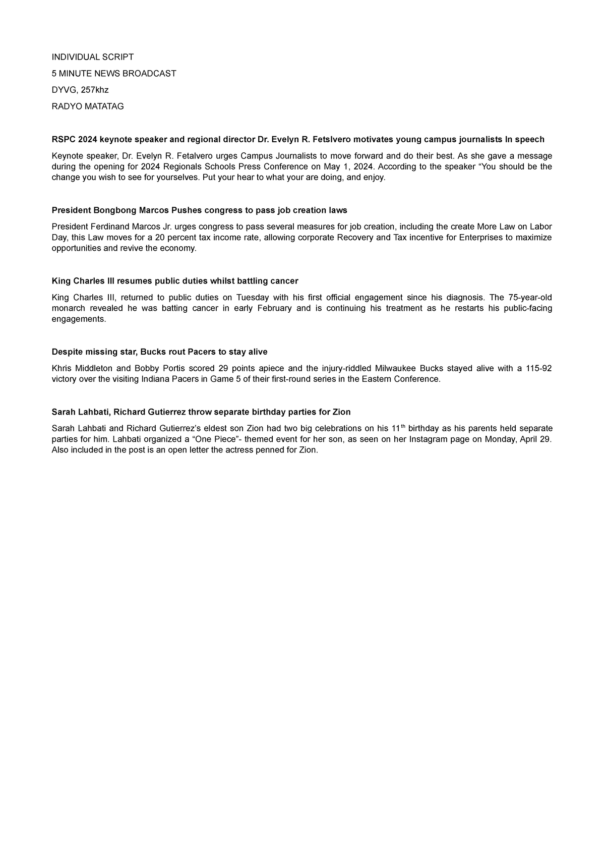 Individual Script - ..................... - INDIVIDUAL SCRIPT 5 MINUTE ...