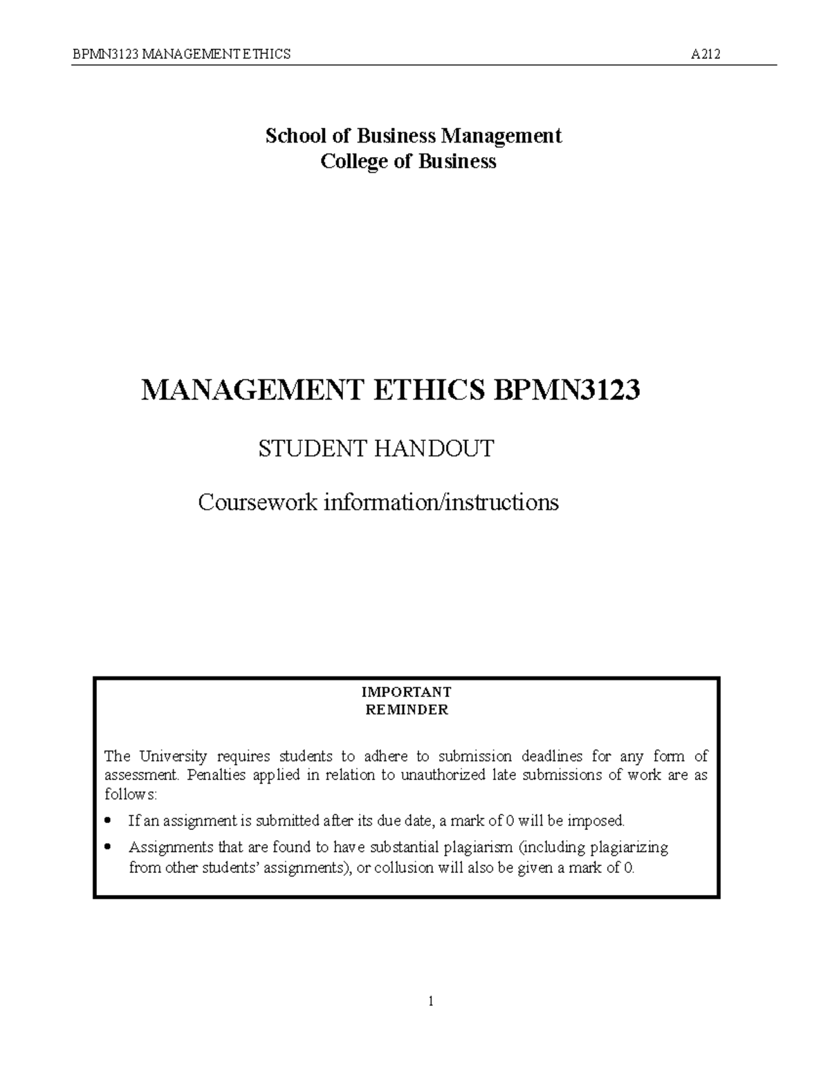 A212 CW Handout BPMN3123 A212 - BPMN3123 MANAGEMENT ETHICS A School of ...
