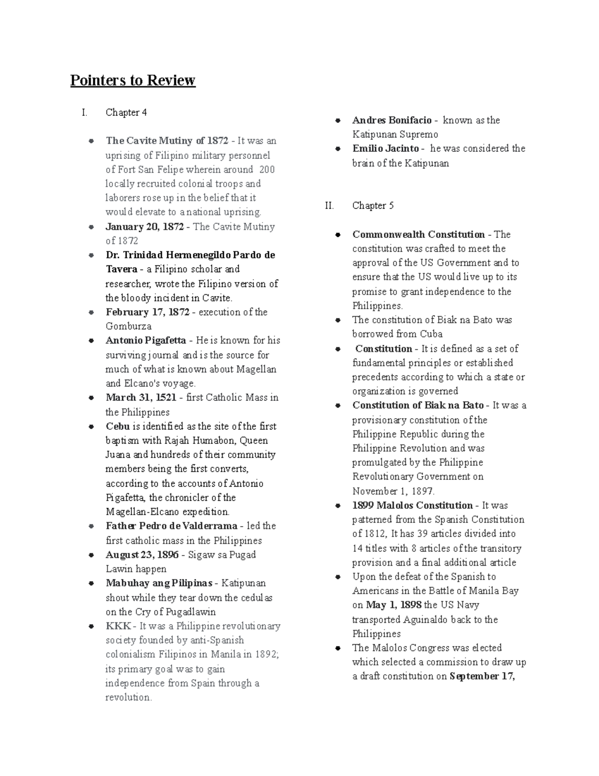 Reviewer - History - Pointers to Review I. Chapter 4 The Cavite Mutiny of 1872 - It was an - Studocu