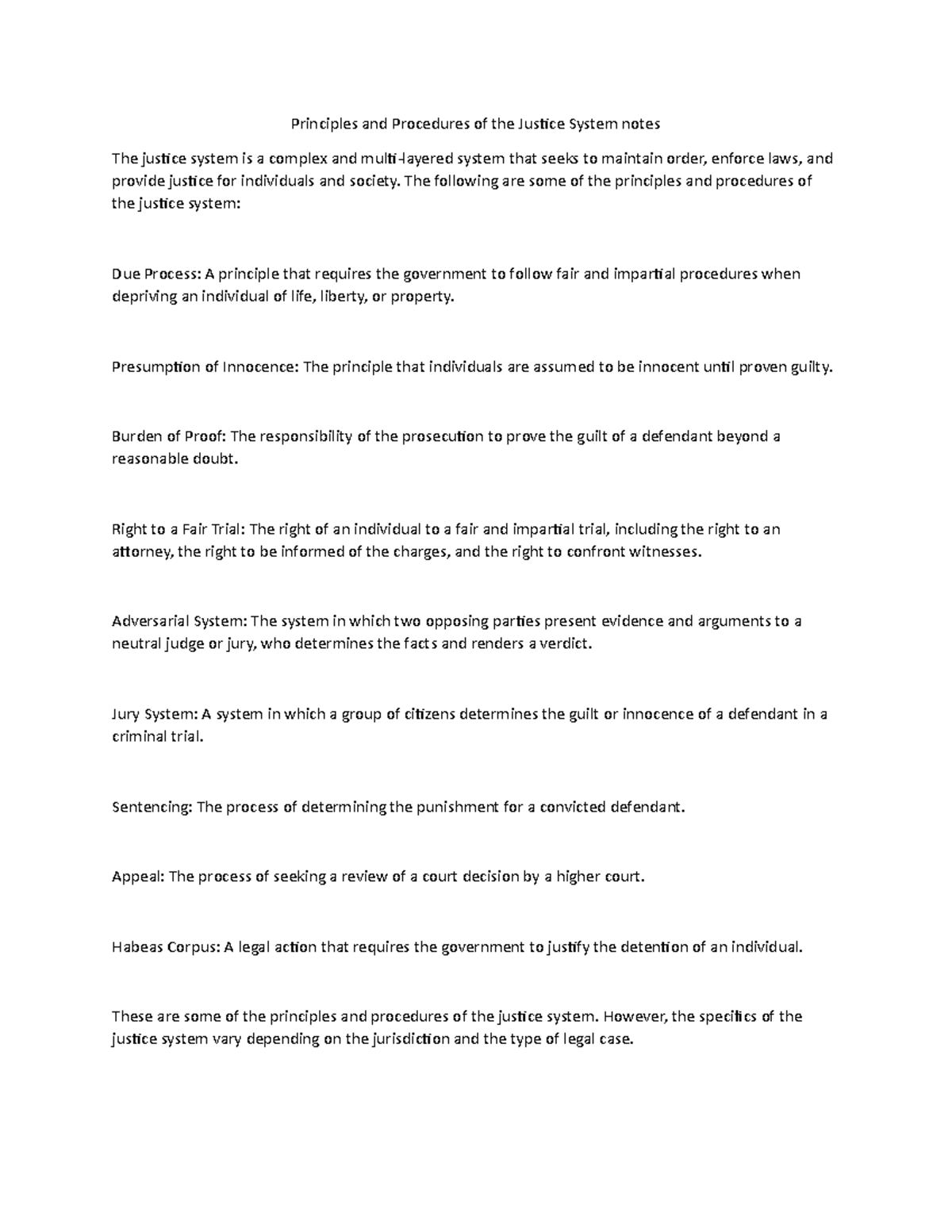 Principles and Procedures of the Justice System notes - The following ...