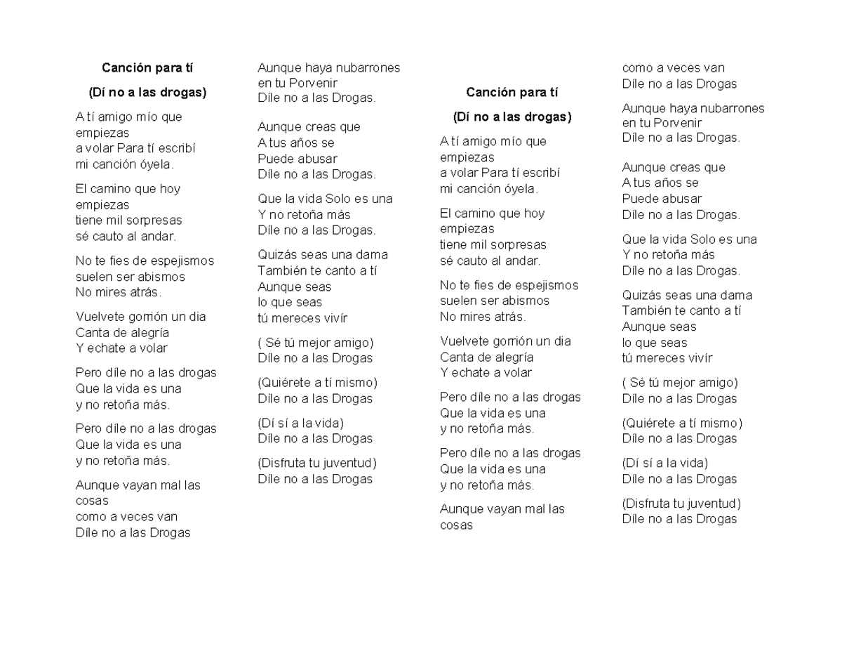 Canción para tí - Canción para tí (Dí no a las drogas) A tí amigo mío ...