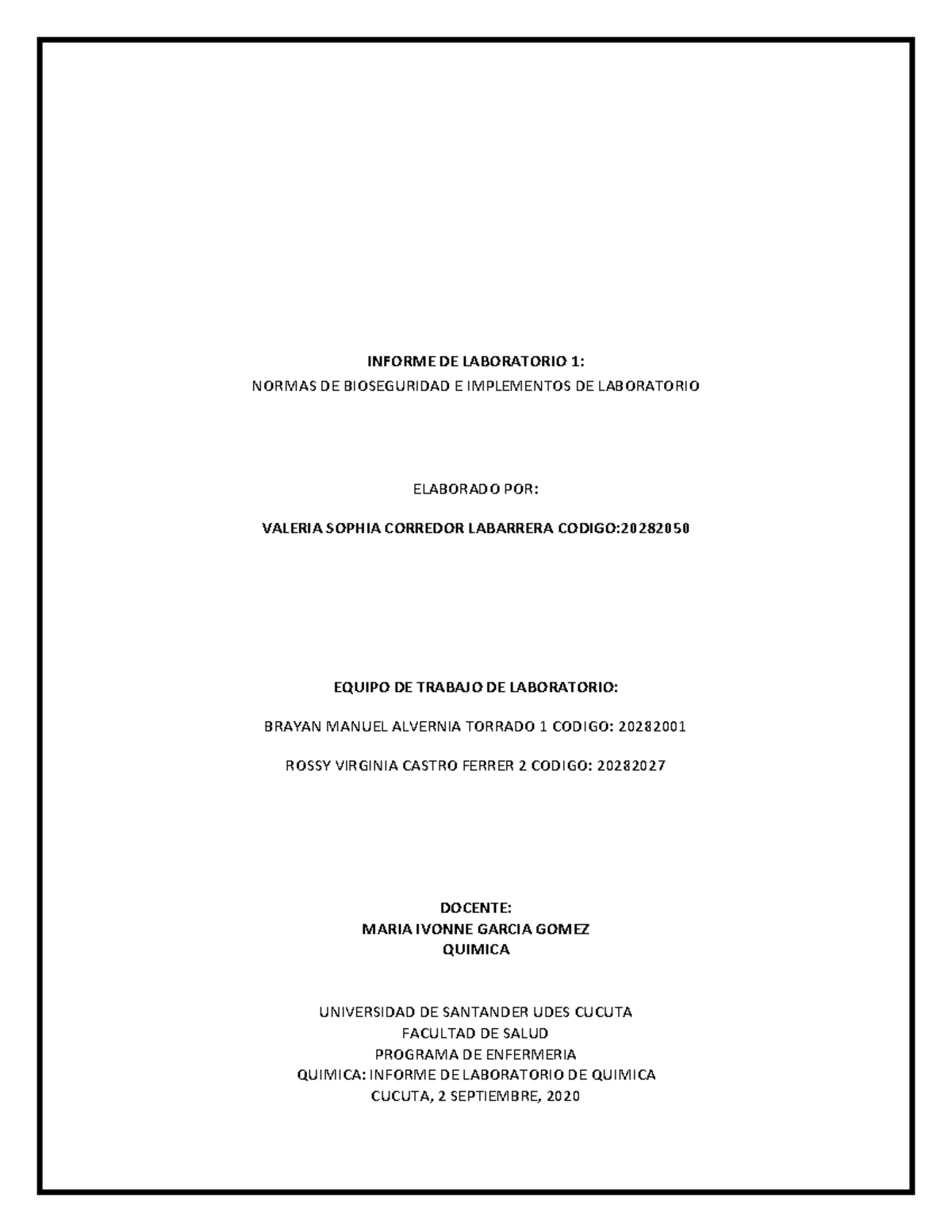 Informe DE Laboratorio- Quimica-normas de bioseguridad - Warning: TT: undefined function: 32 ...