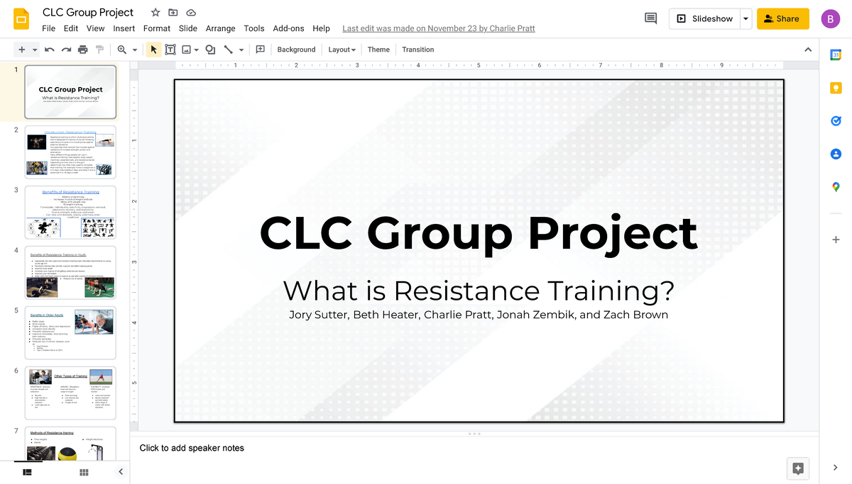 CLC- Script - ANSWERS - CLC Group Project File Edit View Insert Format Slide Arrange Tools Add ...